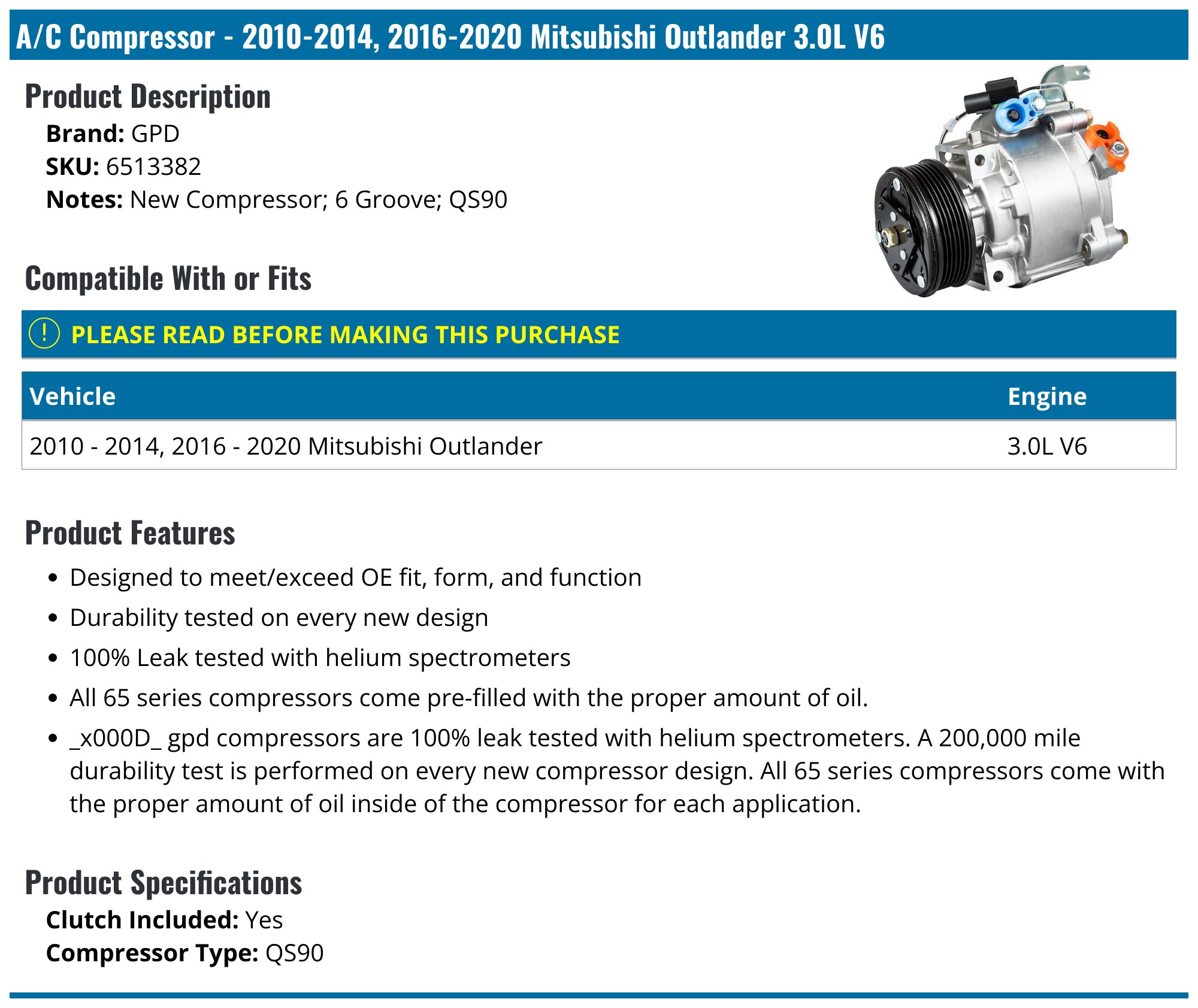 2010-2014, 2016-2020 Mitsubishi Outlander A/C Compressor - GPD 6513382 ...