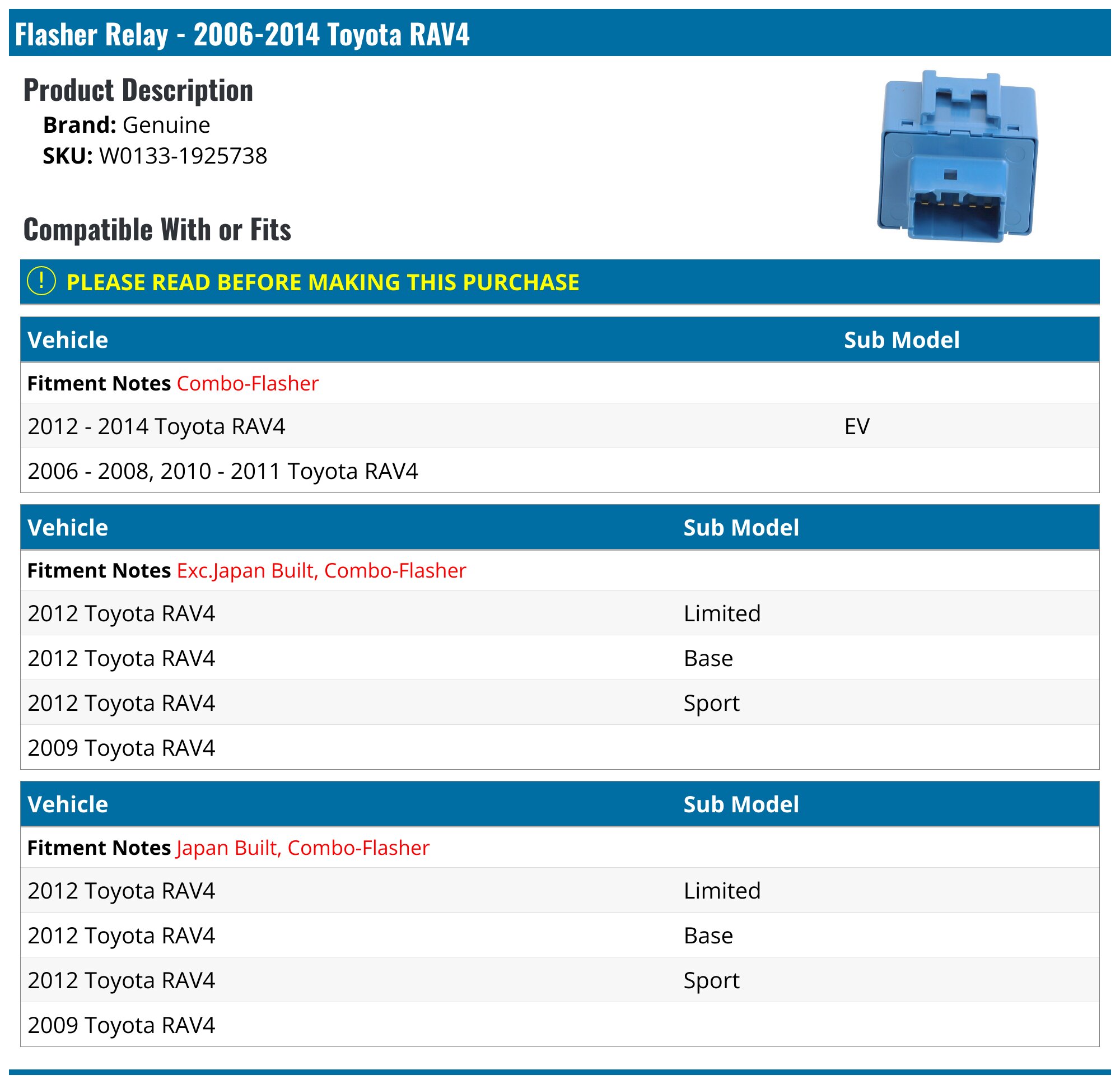 2006-2014 Toyota RAV4 Flasher Relay - Genuine W0133-1925738 - PartsGeek.com