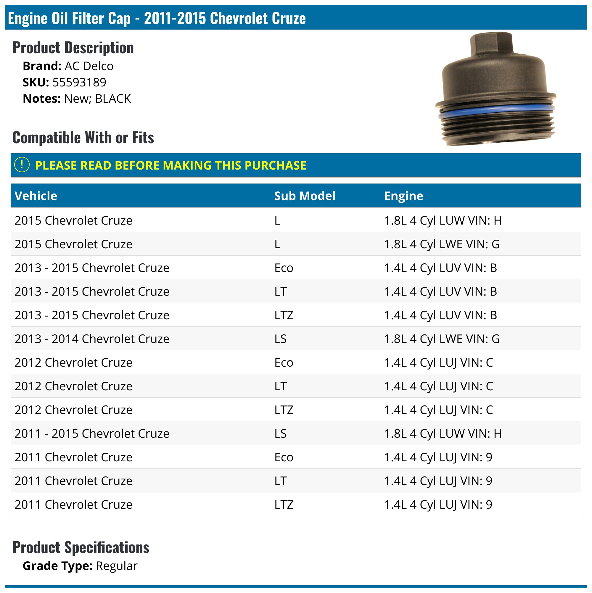 2011-2015 Chevrolet Cruze Engine Oil Filter Cap - AC Delco 55593189 ...
