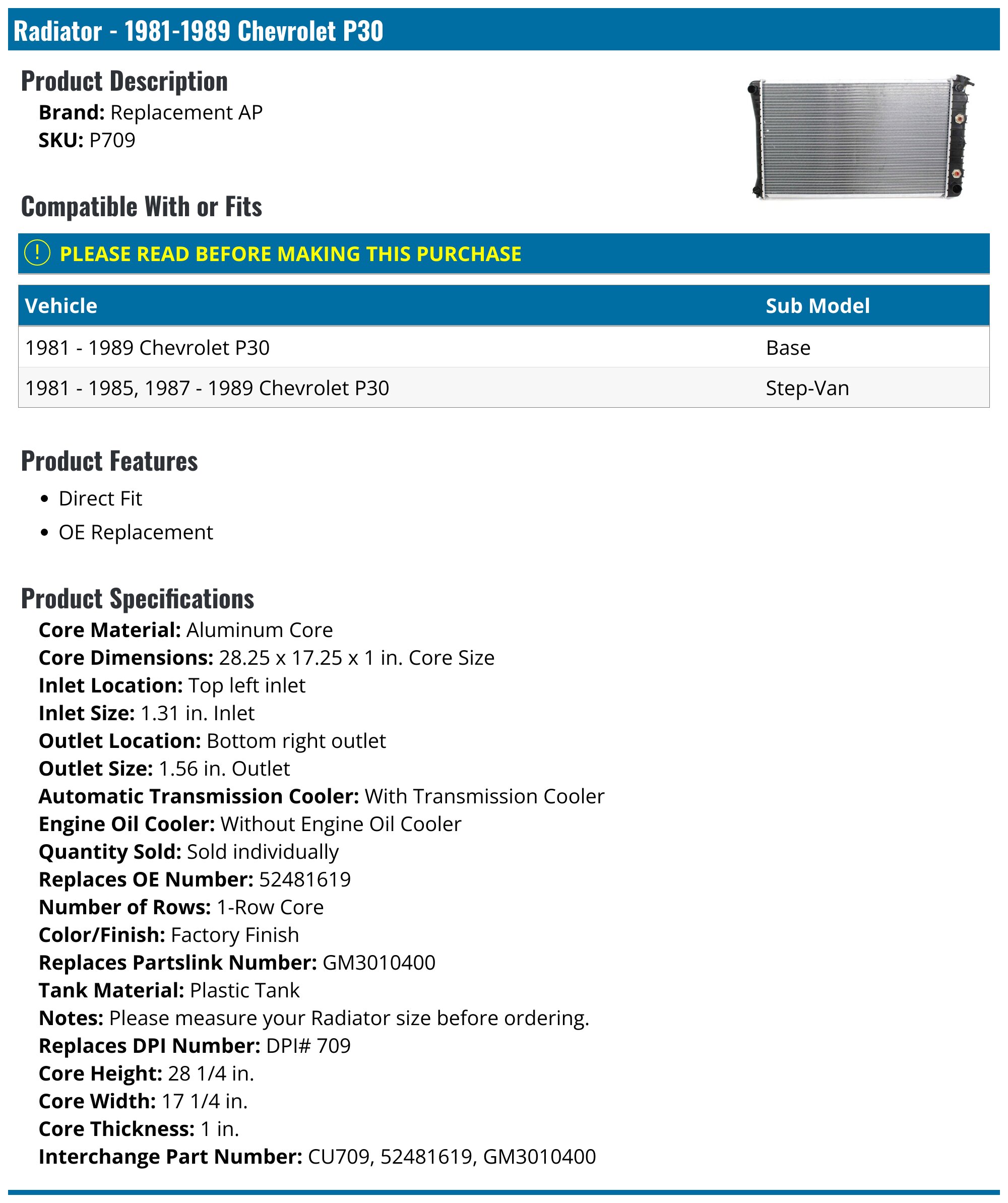 1981-1989 Chevrolet P30 Radiator - Replacement AP P709 - PartsGeek.com