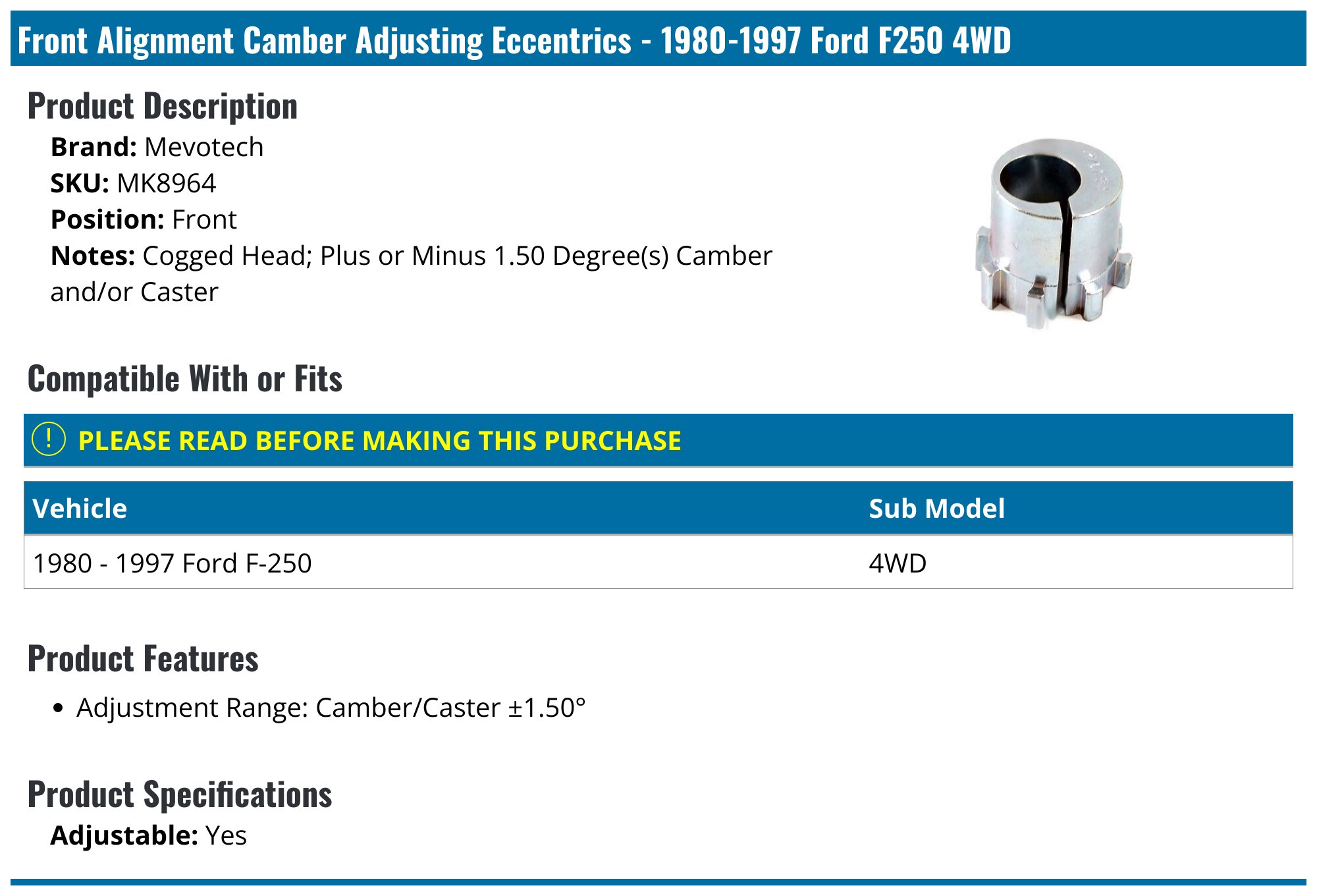 1980-1997 Ford F250 Alignment Camber Adjusting Eccentrics - Mevotech ...