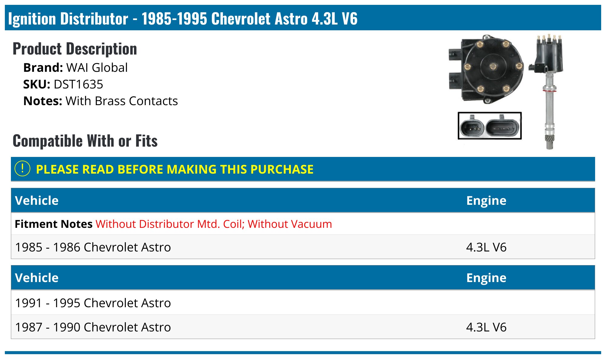 1985-1995 Chevrolet Astro Ignition Distributor - WAI Global DST1635 ...