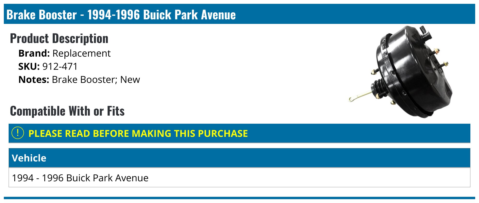1994-1996 Buick Park Avenue Brake Booster - Replacement 912-471 ...