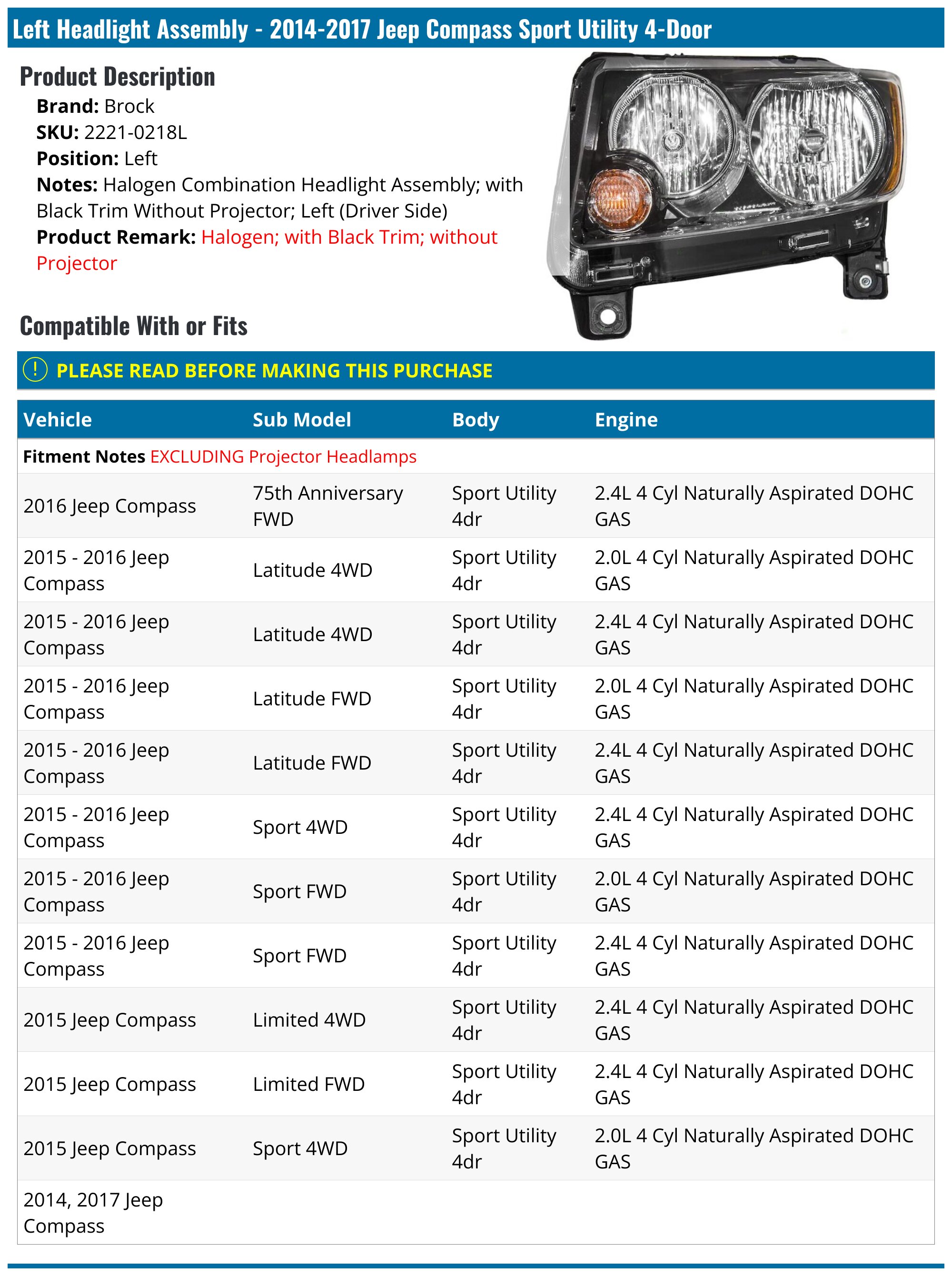 2014-2017 Jeep Compass Headlight Assembly - Brock 2221-0218L - Left ...