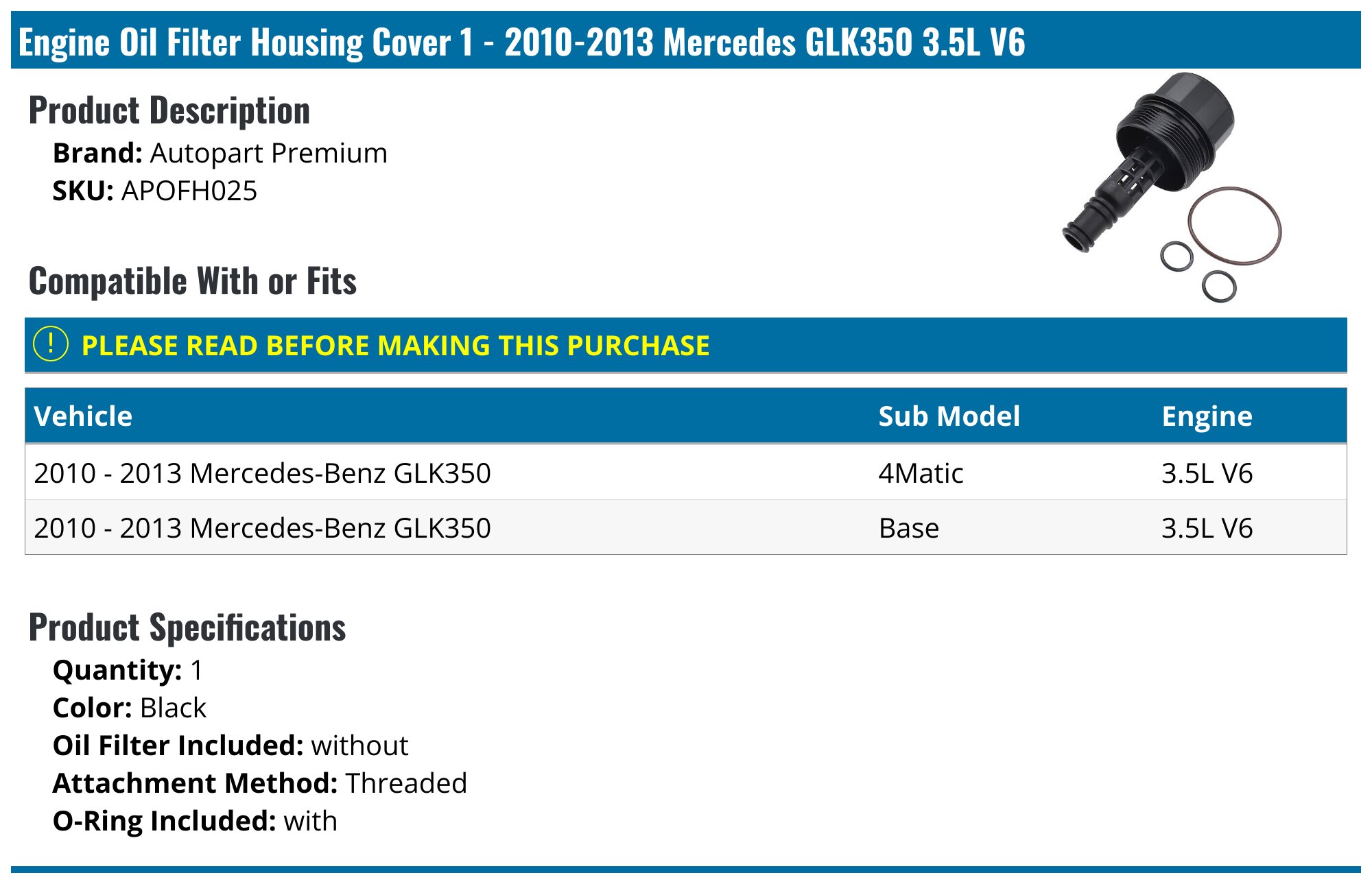 2010-2013 Mercedes GLK350 Engine Oil Filter Housing Cover - Autopart ...