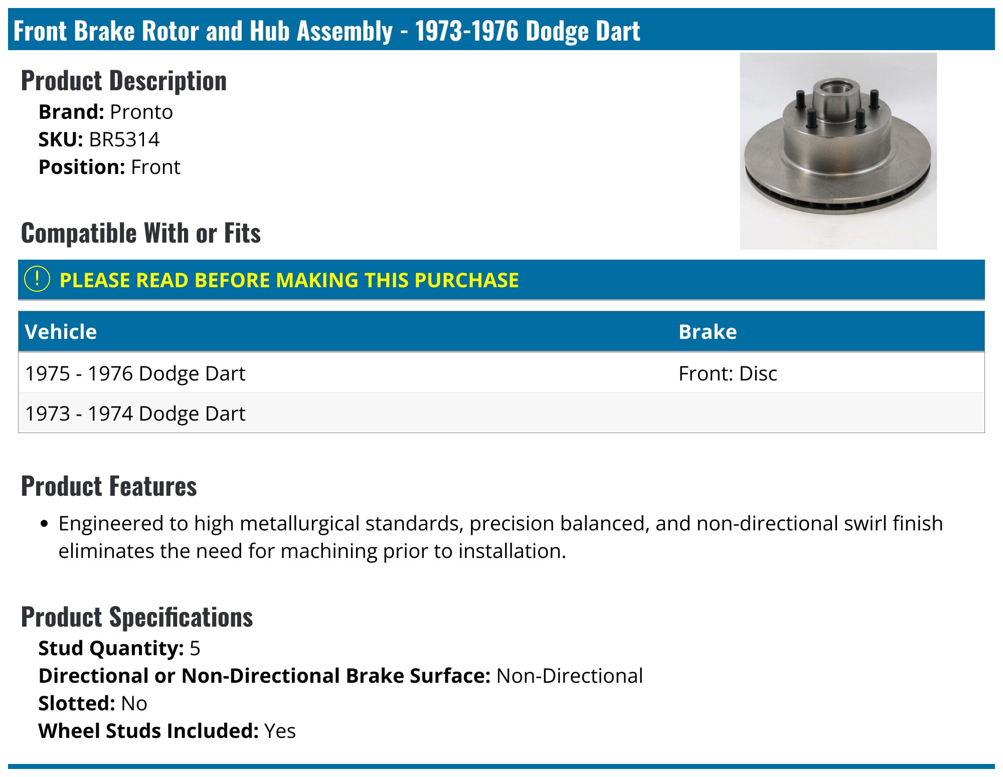 1973-1976 Dodge Dart Brake Rotor and Hub Assembly - Pronto BR5314 ...