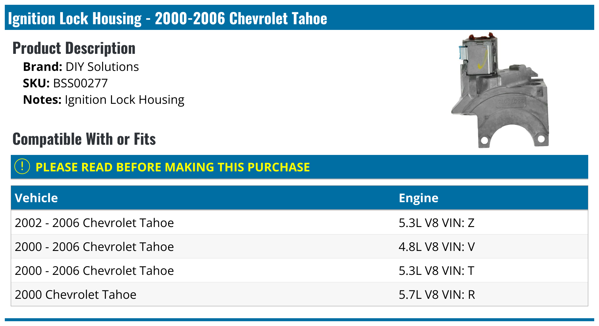 2000-2006 Chevrolet Tahoe Ignition Lock Housing - DIY Solutions ...