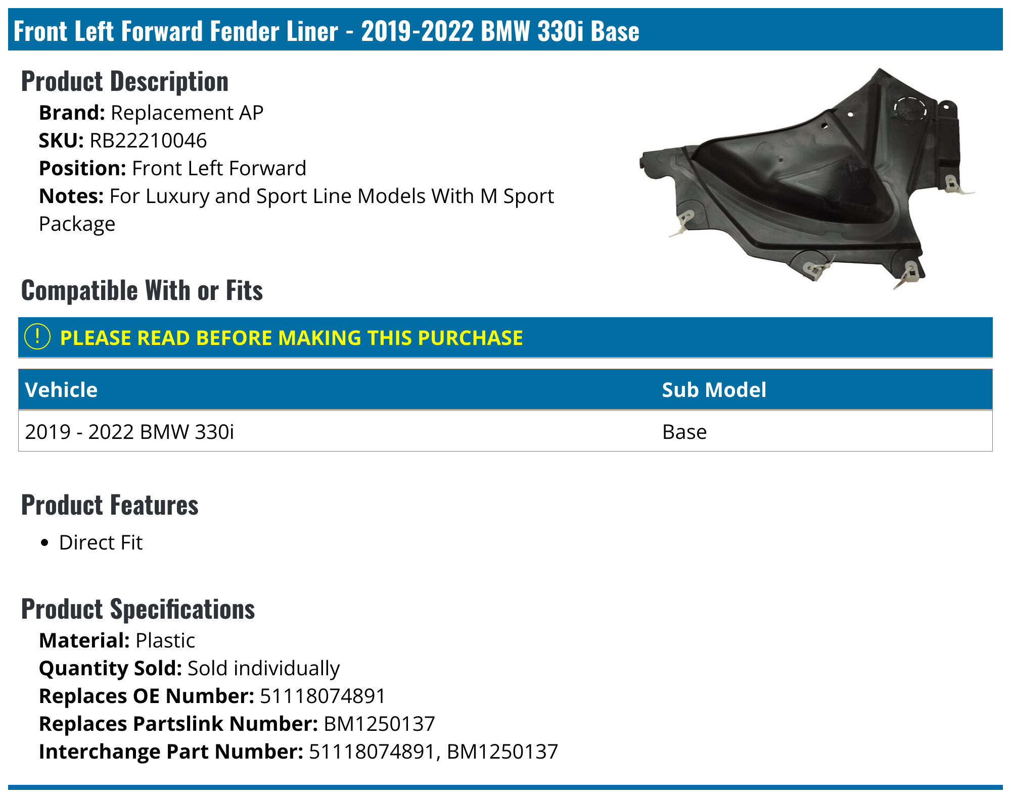 2019-2024 BMW 330i Fender Liner - Replacement AP RB22210046 - Front ...