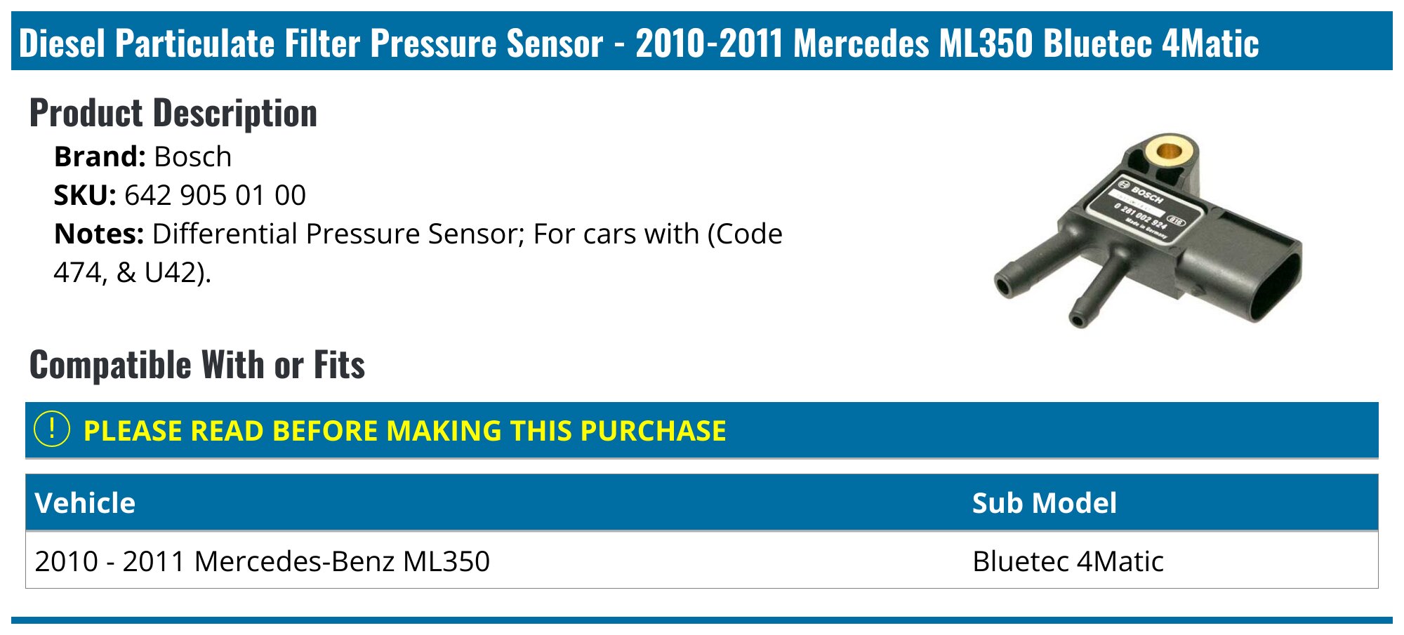 2010-2011 Mercedes ML350 Diesel Particulate Filter Pressure Sensor ...