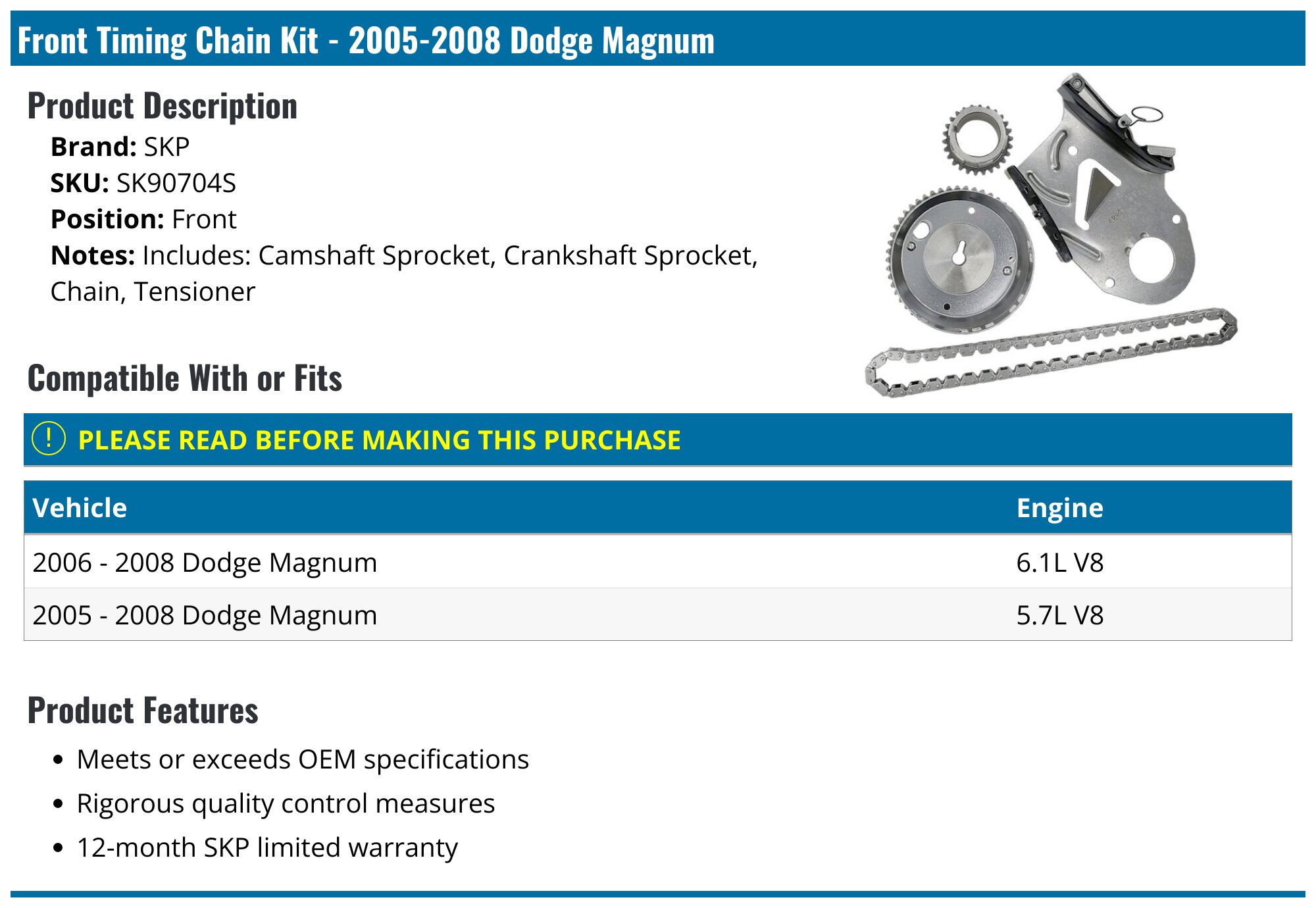 2005-2008 Dodge Magnum Timing Chain - SKP SK90704S - Front - PartsGeek.com