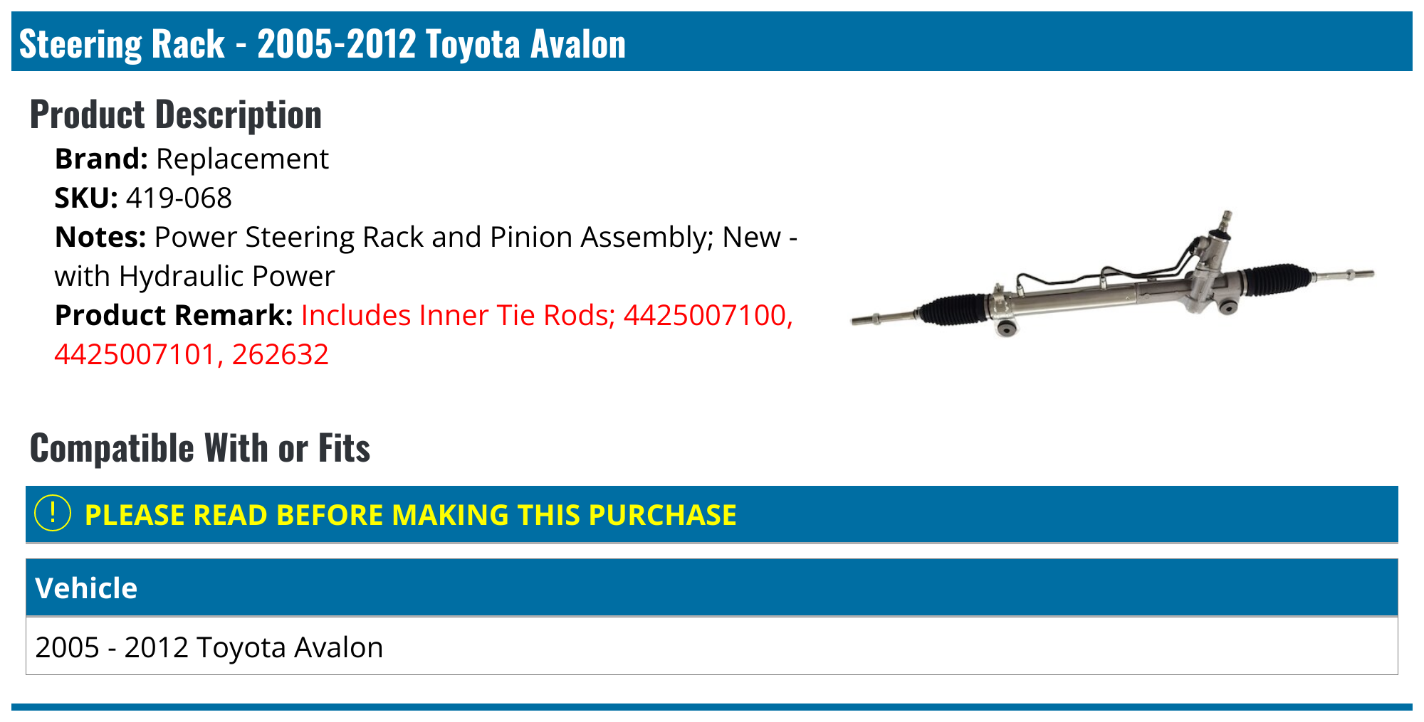 2005-2012 Toyota Avalon Steering Rack - Replacement 419-068 ...