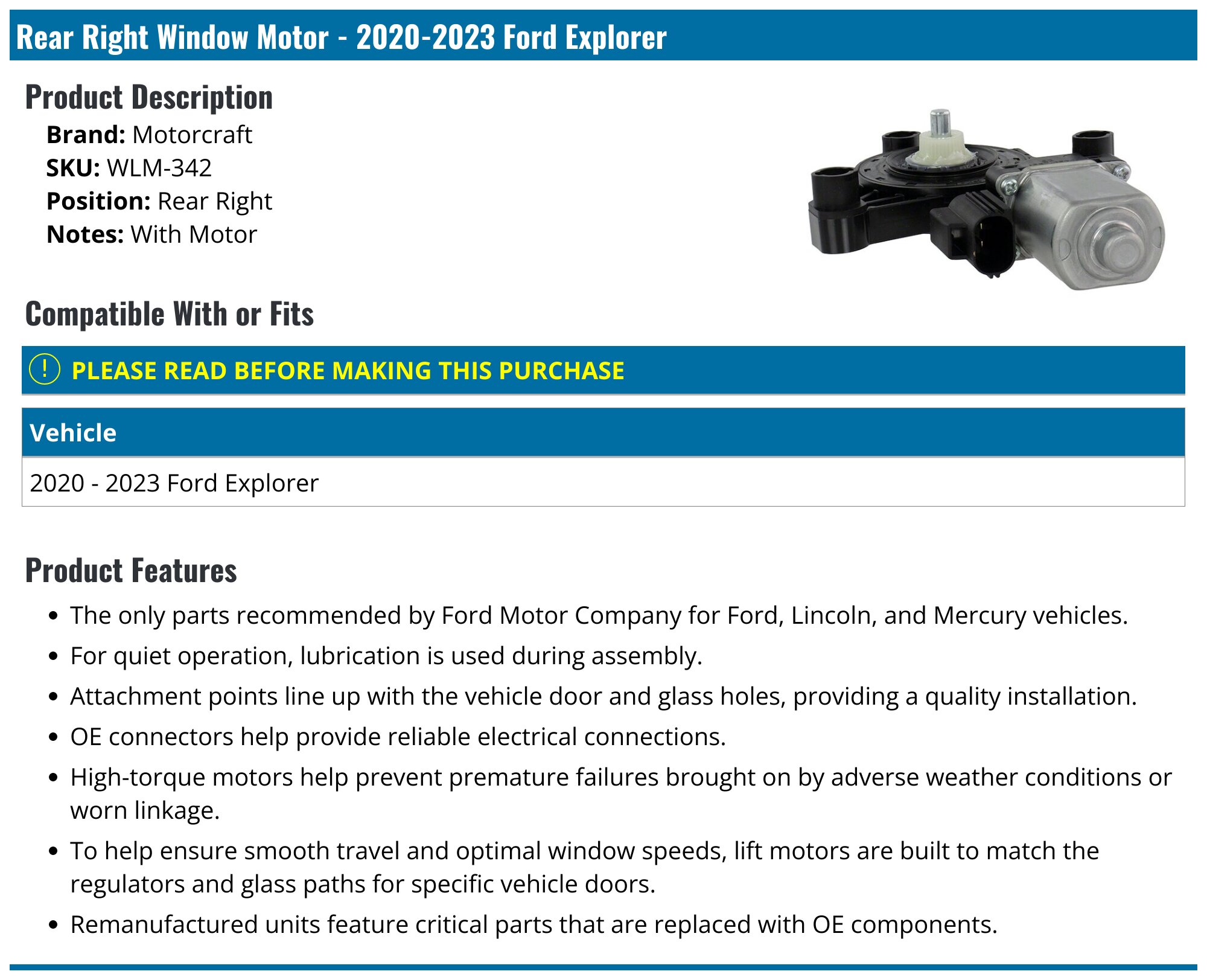 2020-2026 Ford Explorer Window Motor - Motorcraft WLM-342 - Rear Right ...