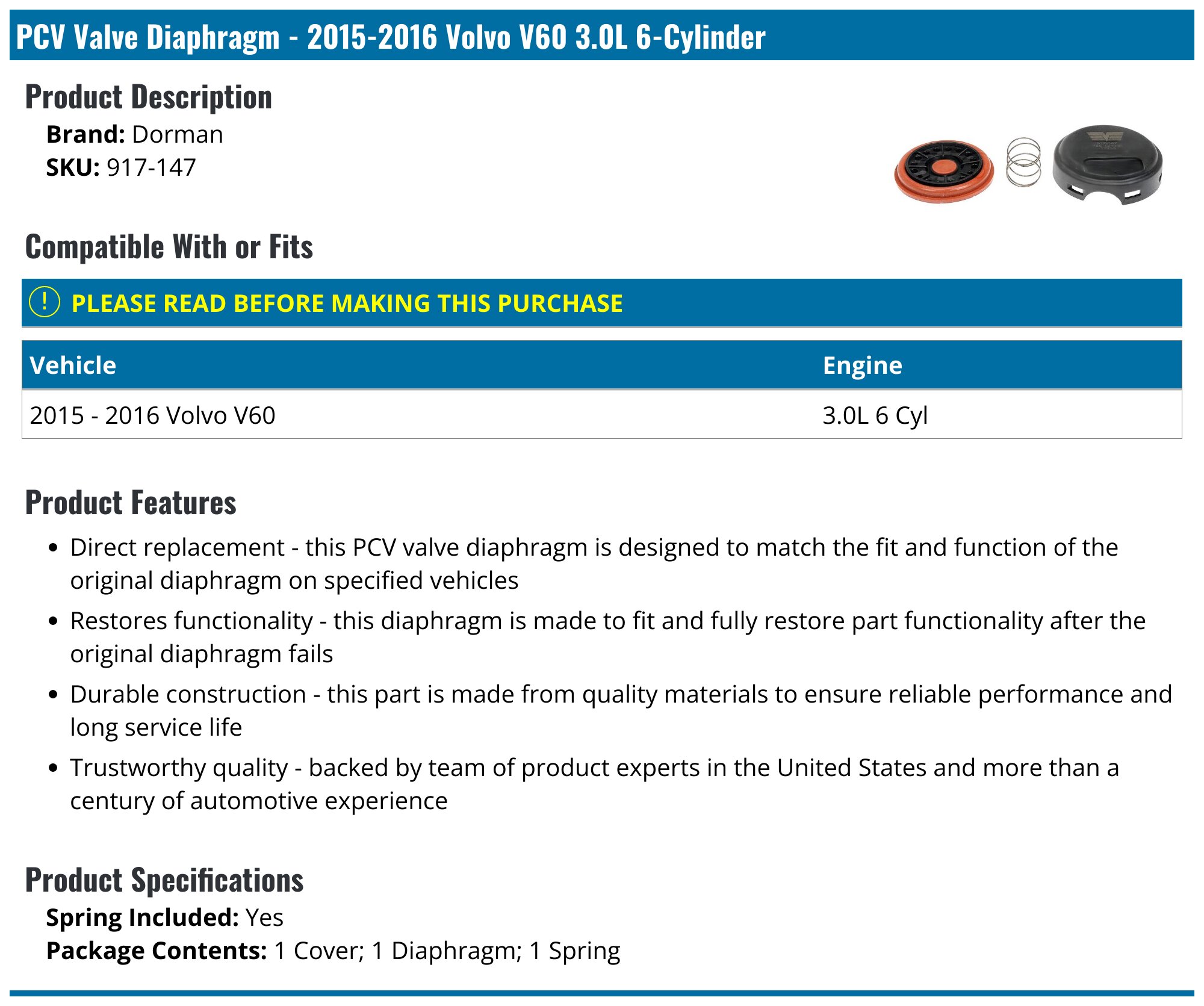 2015-2016 Volvo V60 PCV Valve Diaphragm - Dorman 917-147 - PartsGeek.com