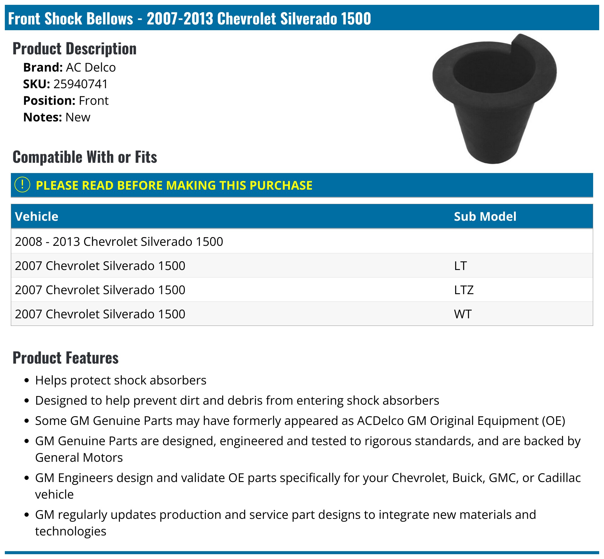 2007-2013 Chevrolet Silverado 1500 Shock Bellows - AC Delco 25940741 ...