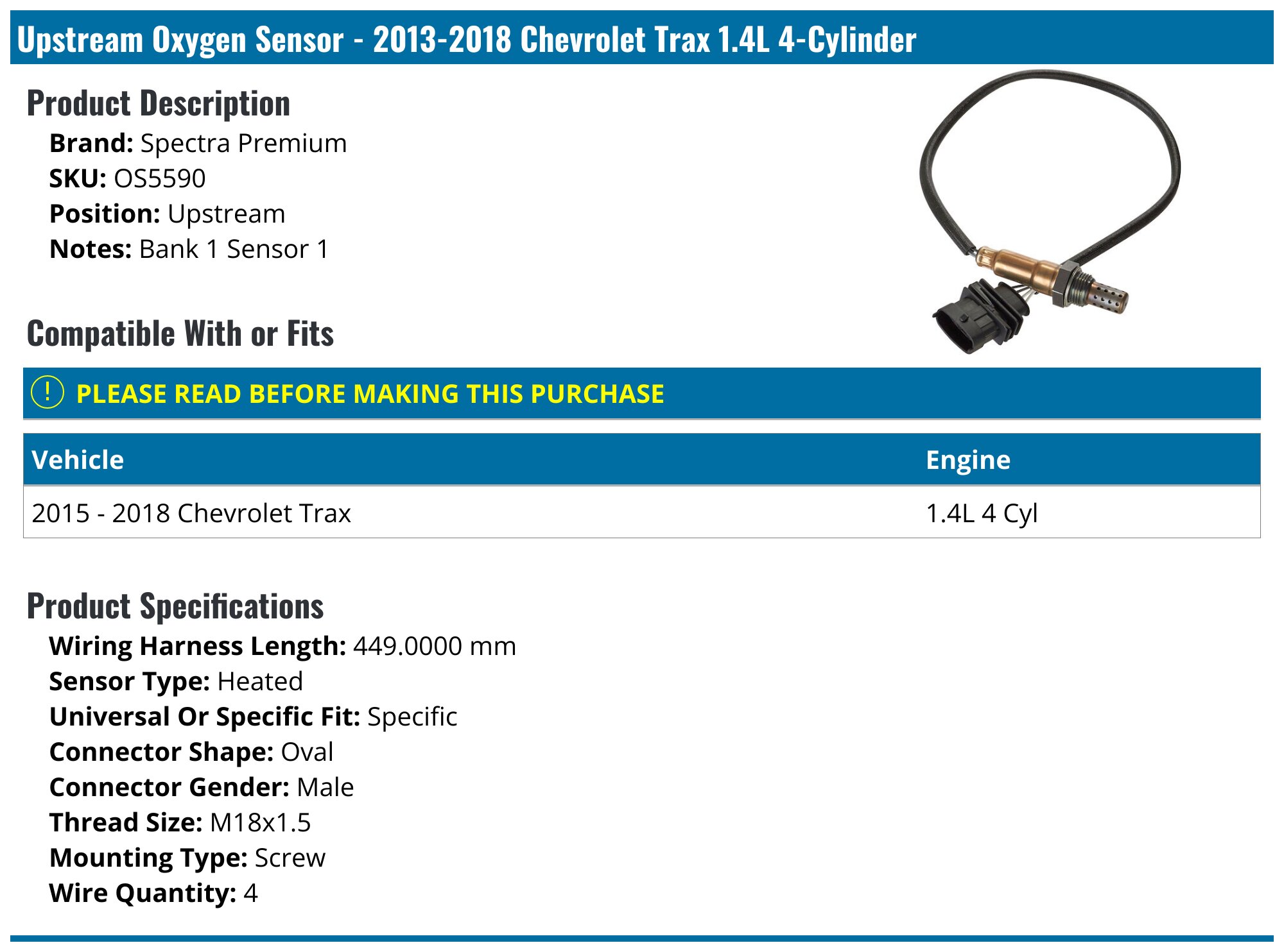 2013-2018 Chevrolet Trax Oxygen Sensor - Spectra Premium OS5590 ...