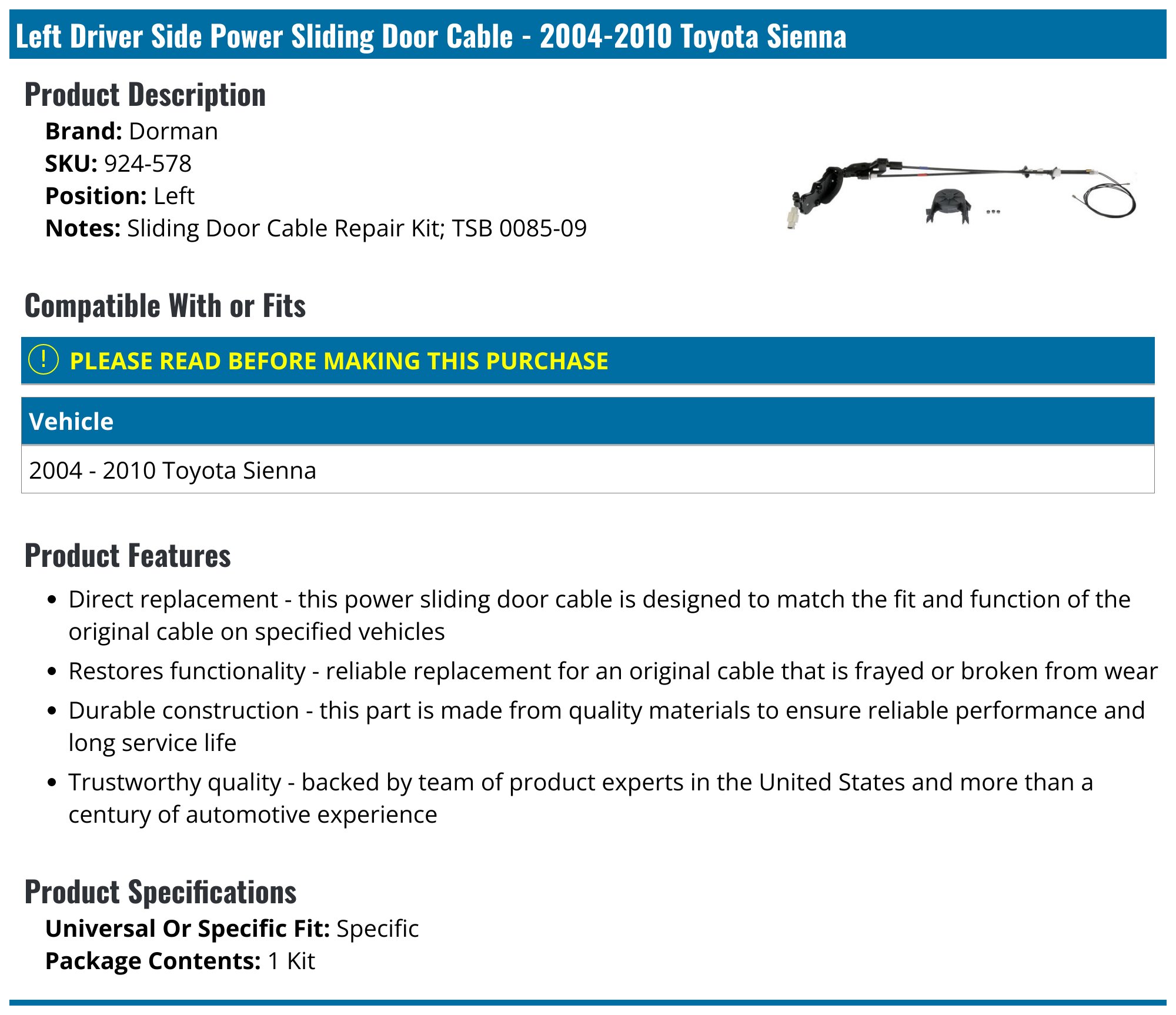 2004-2010 Toyota Sienna Power Sliding Door Cable - Dorman 924-578 ...