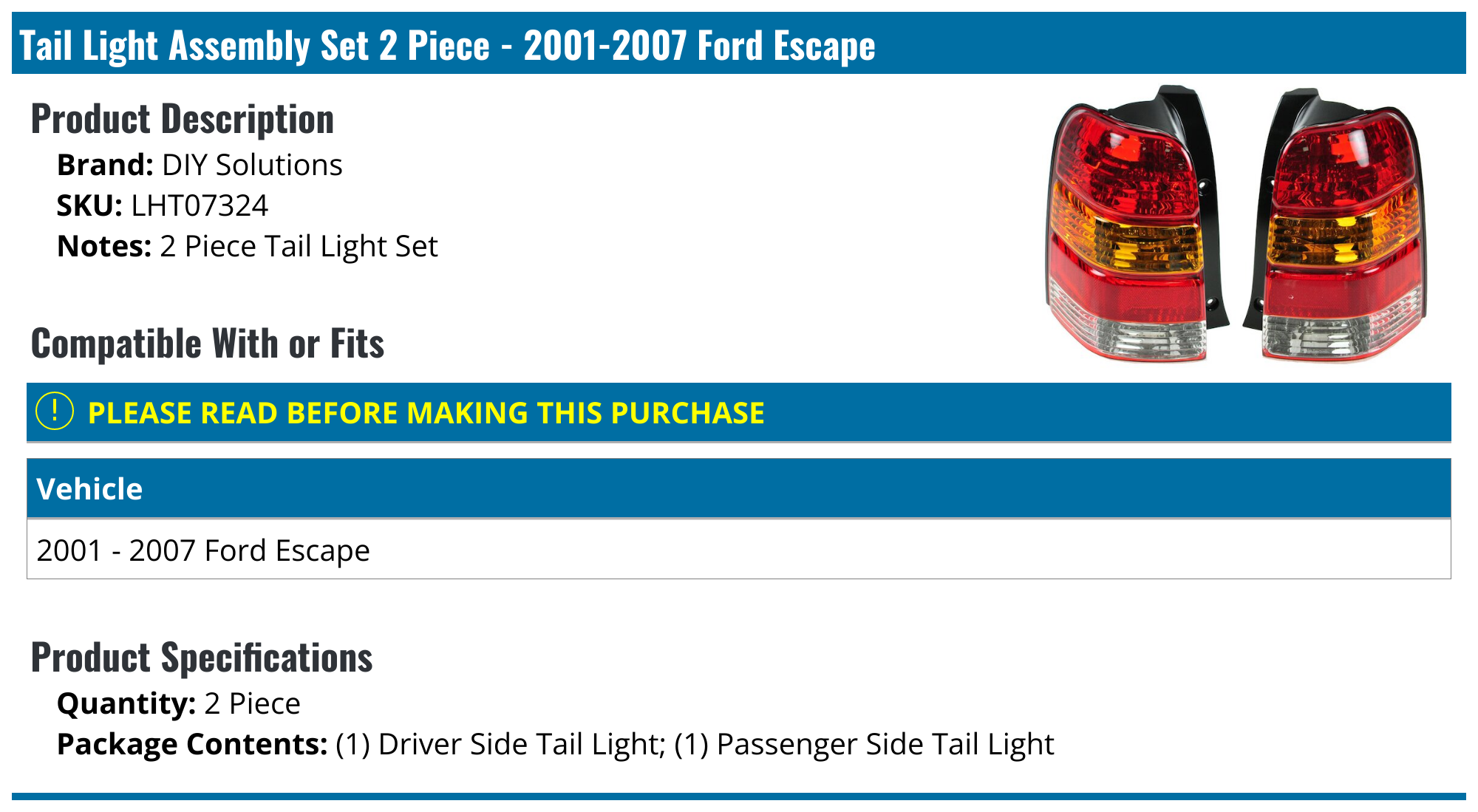2001-2007 Ford Escape Tail Light Assembly - DIY Solutions LHT07324 ...