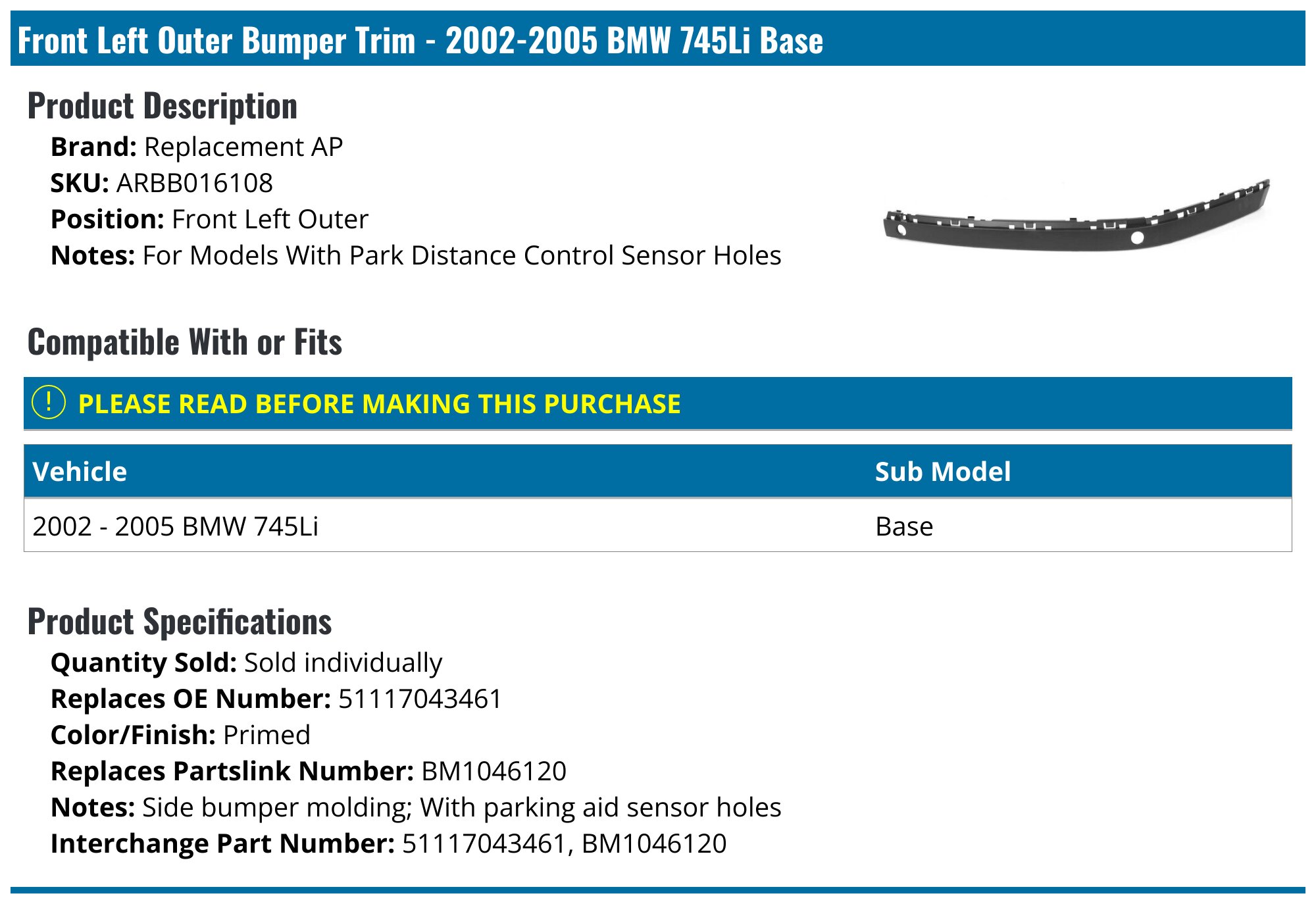 2002-2005 BMW 745Li Bumper Trim - Replacement AP ARBB016108 - Front ...