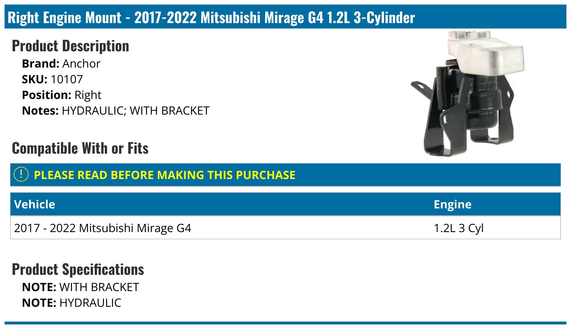 2017-2024 Mitsubishi Mirage G4 Engine Mount - Anchor 10107 - Right ...