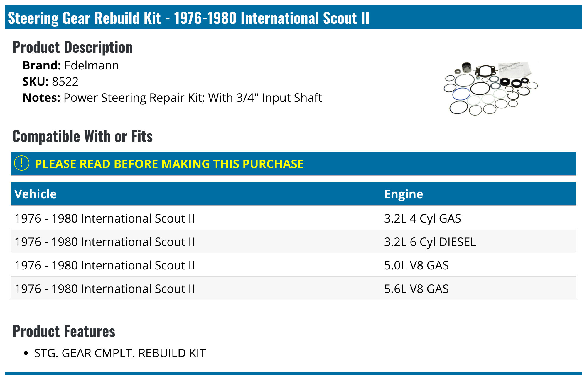 1976-1980 International Scout II Steering Gear Rebuild Kit - Edelmann ...