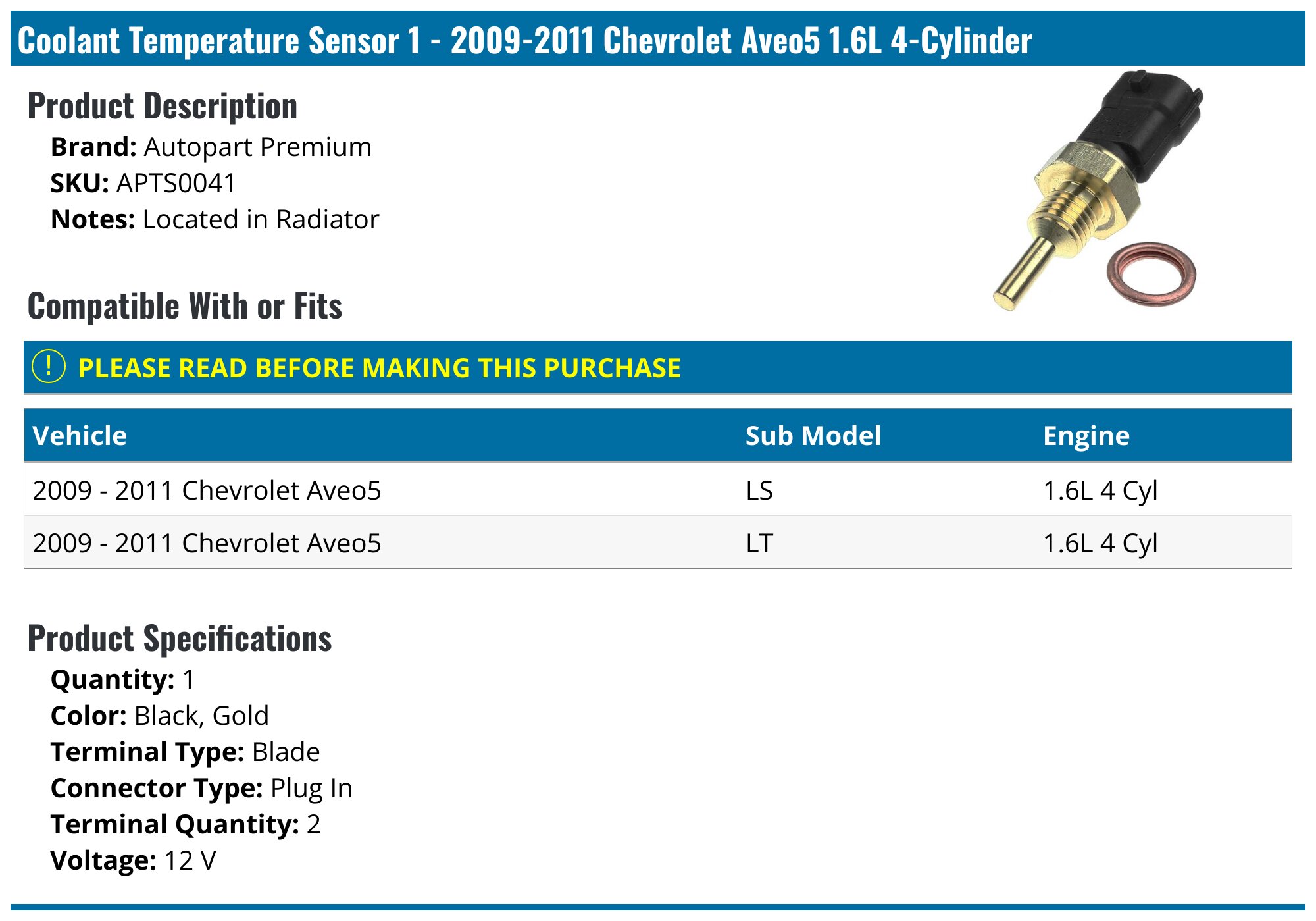 2009-2011 Chevrolet Aveo5 Engine Coolant Temperature Sensor - Autopart ...