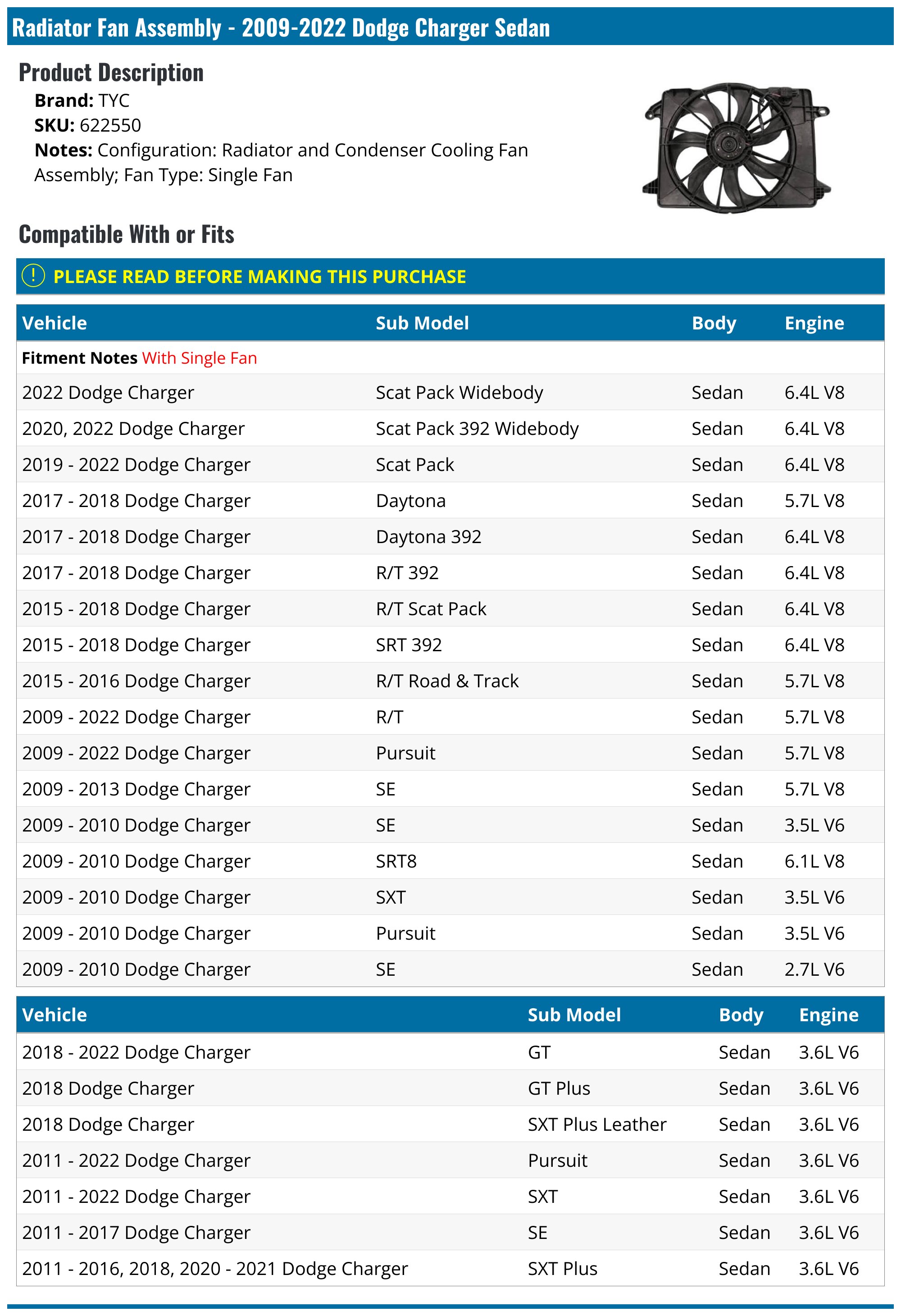2009-2023 Dodge Charger Radiator Fan Assembly - TYC 622550 - PartsGeek.com