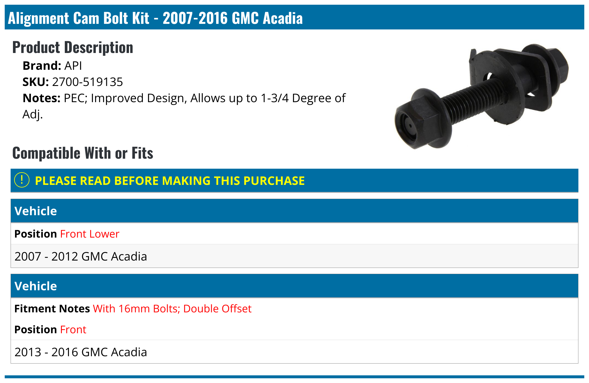 2007-2016 GMC Acadia Alignment Cam Bolt Kit - API 25680-07175924 ...