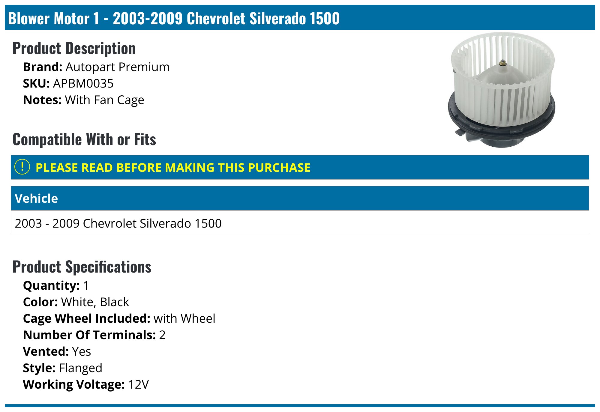 2003-2006 Chevrolet Silverado 1500 Blower Motor - Autopart Premium ...