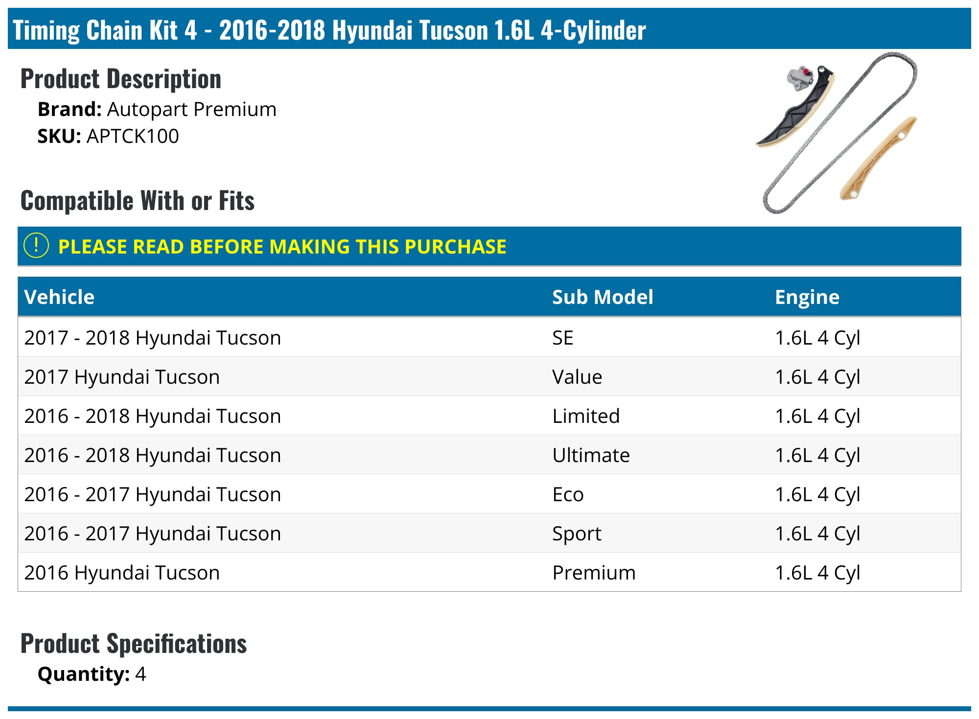 2016-2018 Hyundai Tucson Timing Chain - Autopart Premium APTCK100 ...