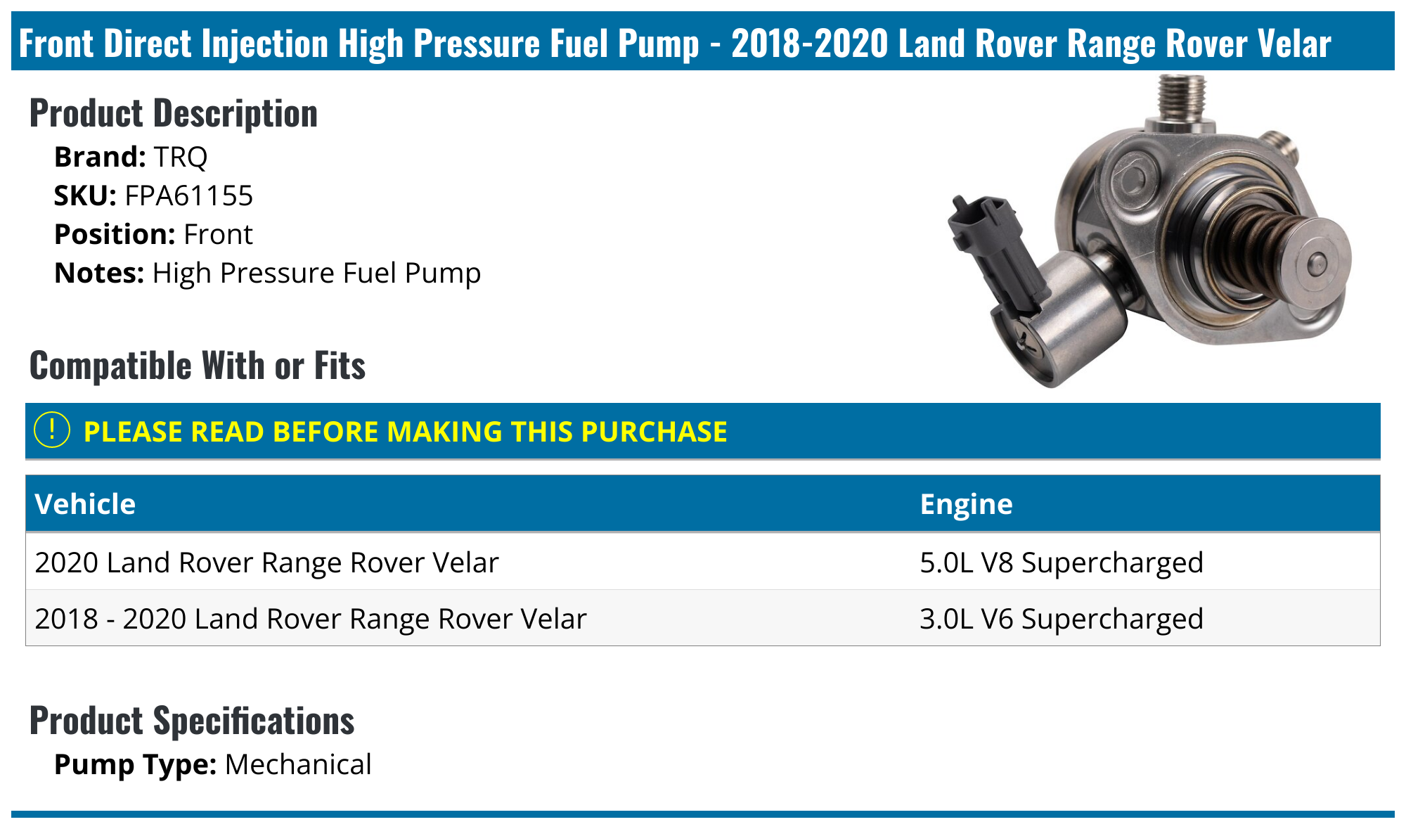 2018-2020 Land Rover Range Rover Velar Fuel Pump - TRQ FPA61155 ...