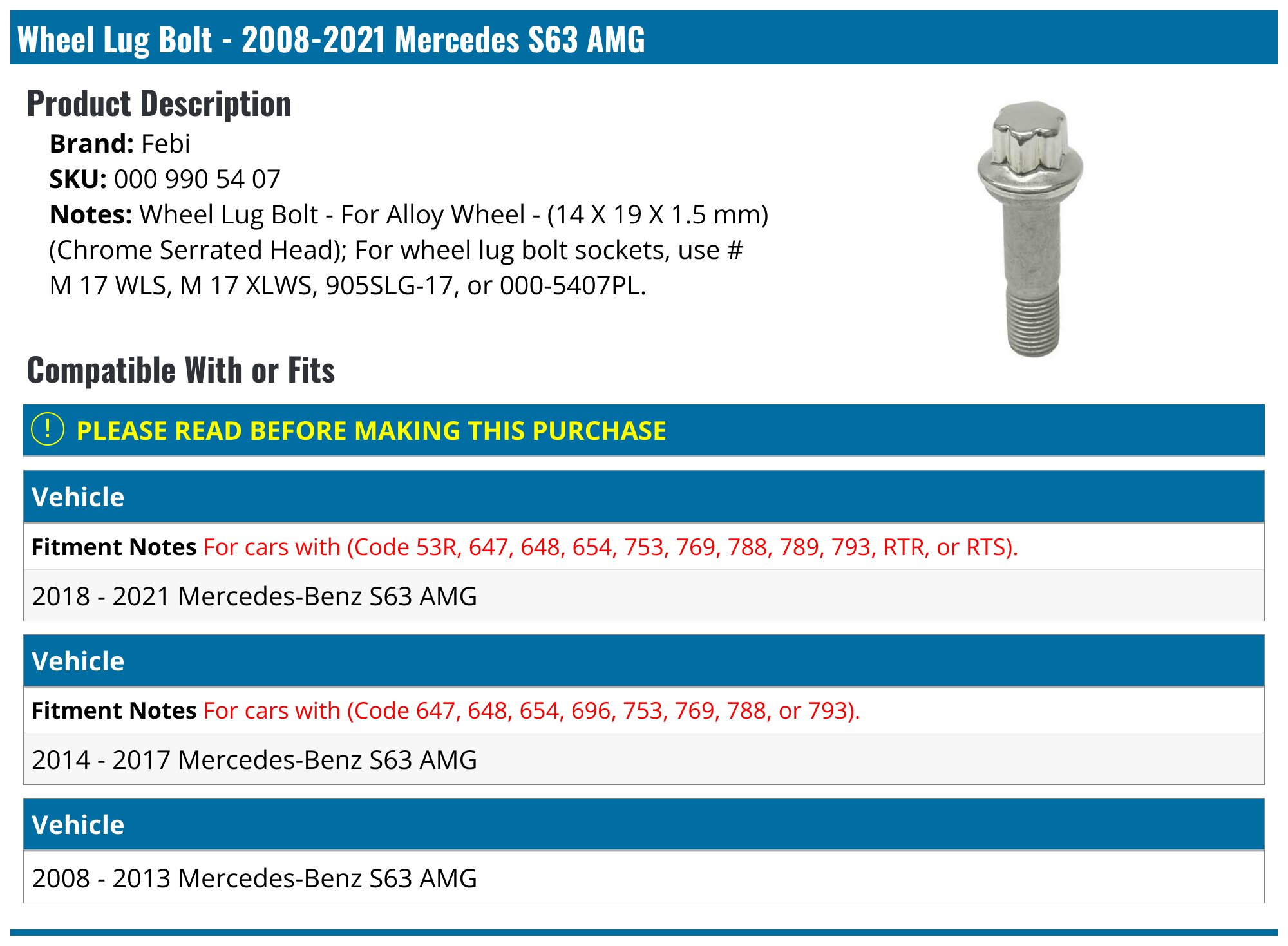 2008-2021 Mercedes S63 AMG Lug Bolt - Febi 000 990 54 07 - - PartsGeek.com