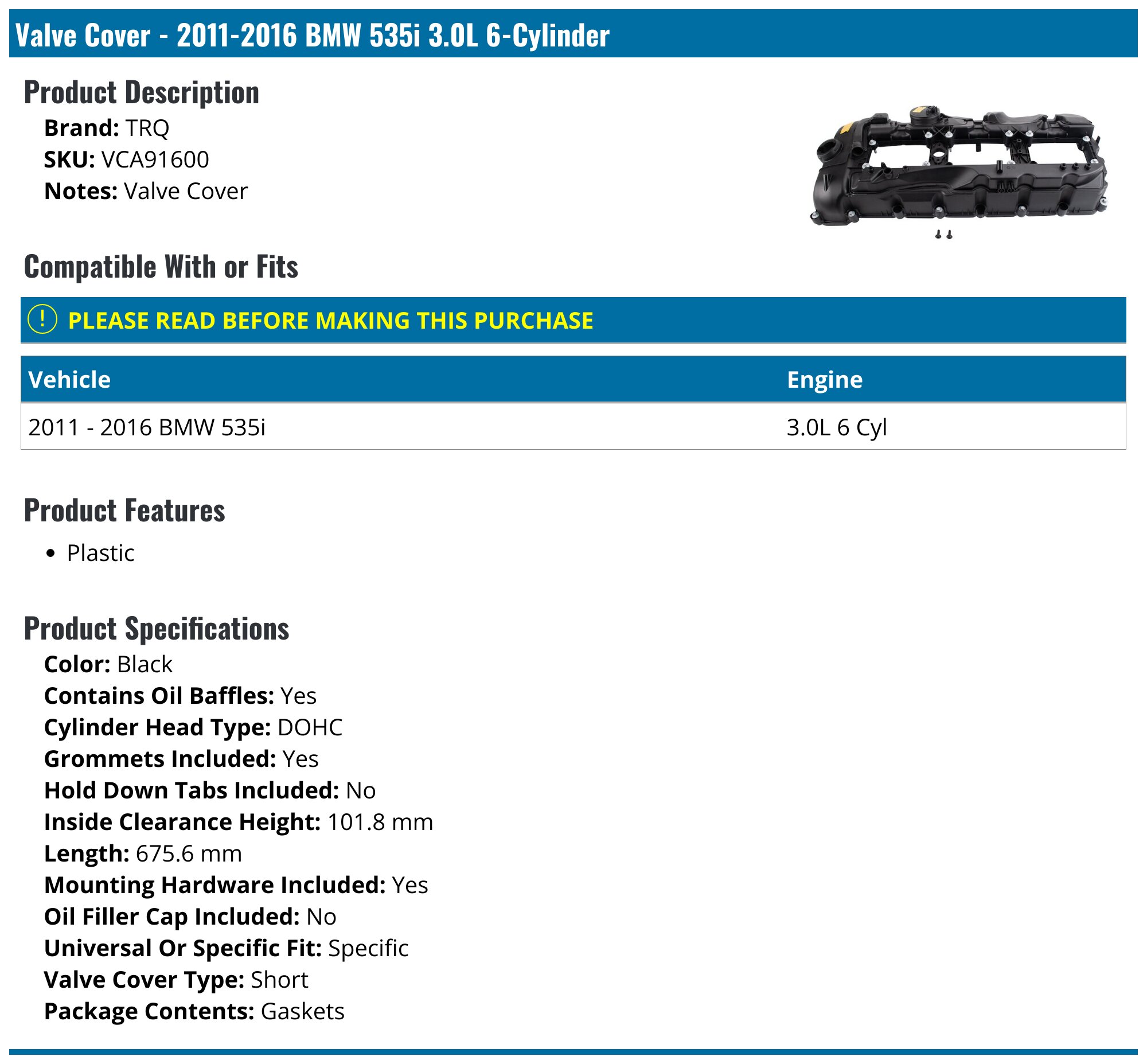 2011-2016 BMW 535i Valve Cover - TRQ VCA91600 - PartsGeek.com