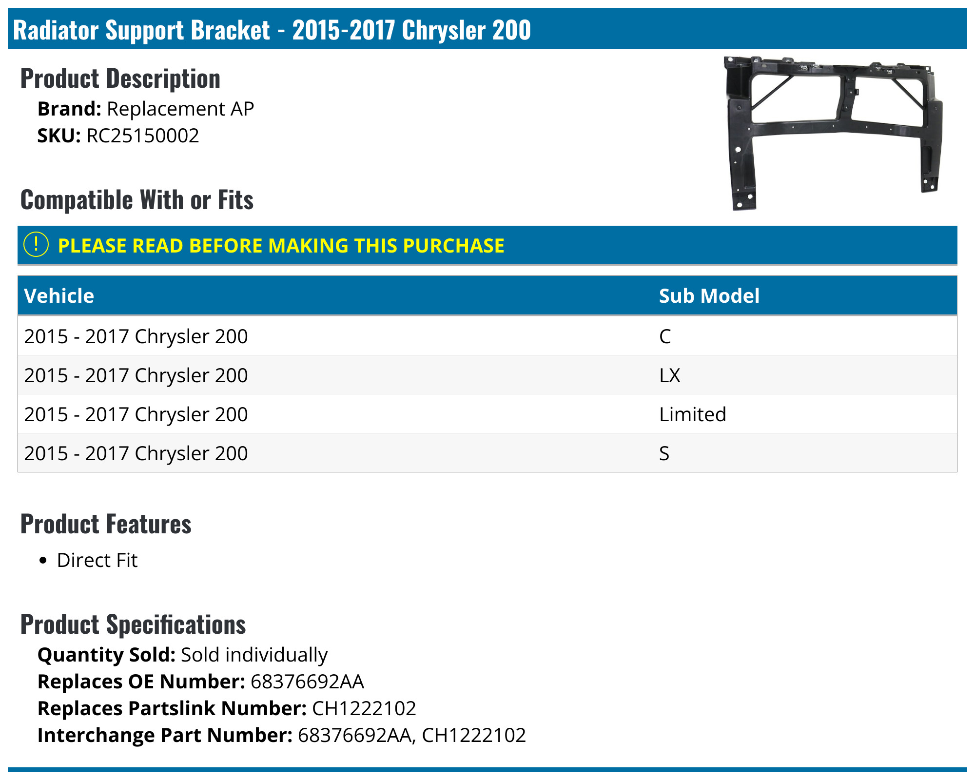 2015-2017 Chrysler 200 Radiator Support Bracket - Replacement AP ...