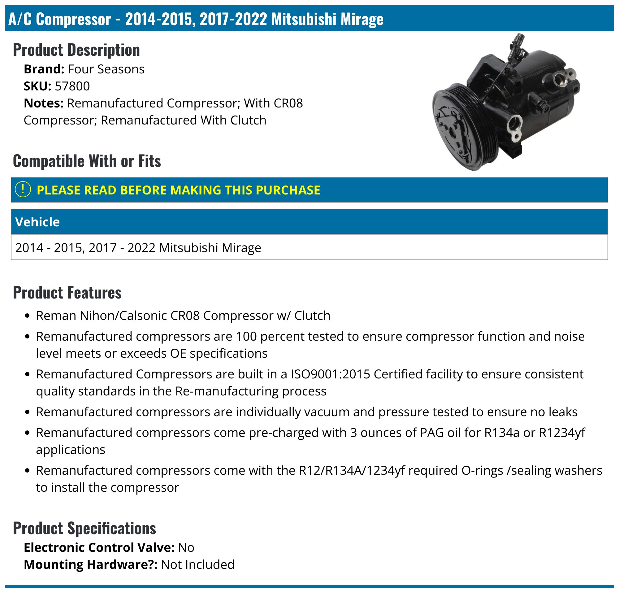 2014-2015, 2017-2022 Mitsubishi Mirage A/C Compressor - Four Seasons ...