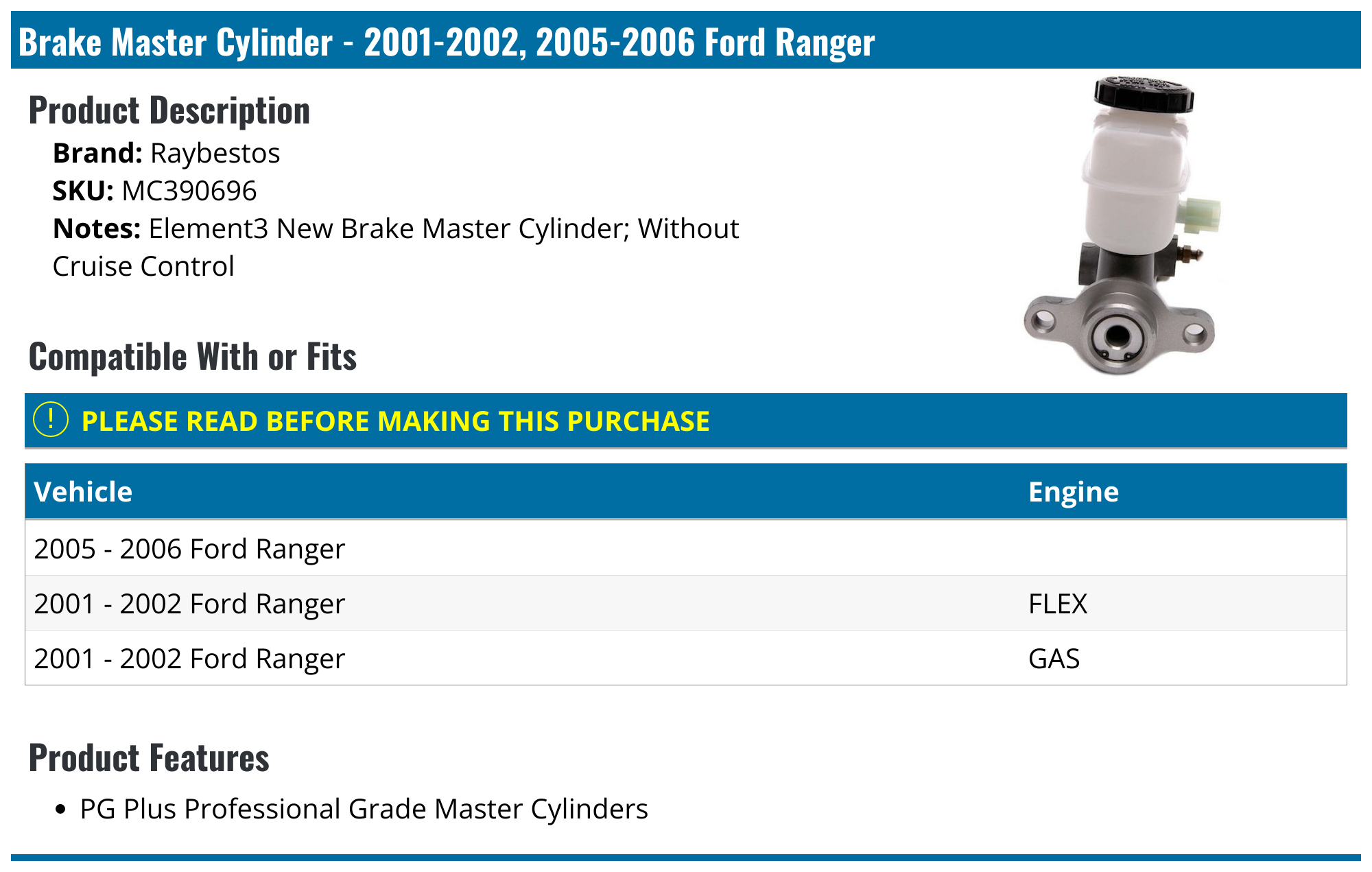 2001-2002, 2005-2006 Ford Ranger Brake Master Cylinder - Raybestos ...