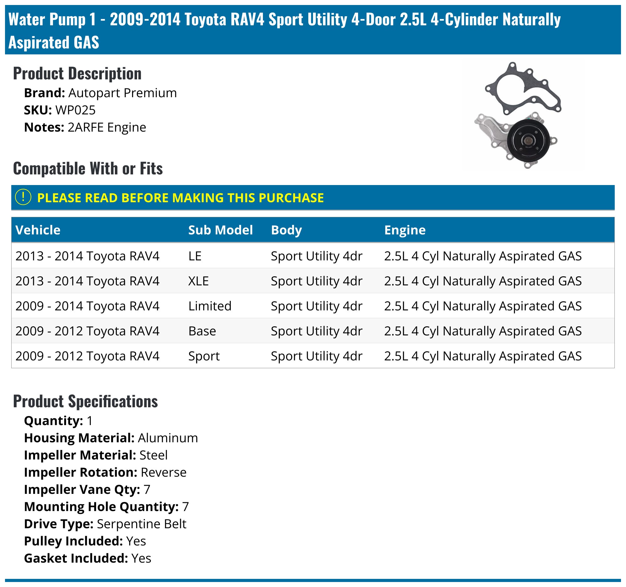 2009-2014 Toyota RAV4 Water Pump - Autopart Premium WP025 - PartsGeek.com