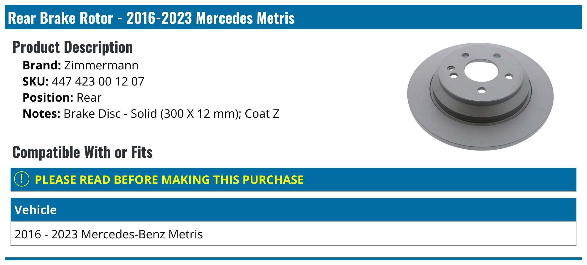 2016-2023 Mercedes Metris Brake Rotor - Zimmermann 447 423 00 12 07 ...