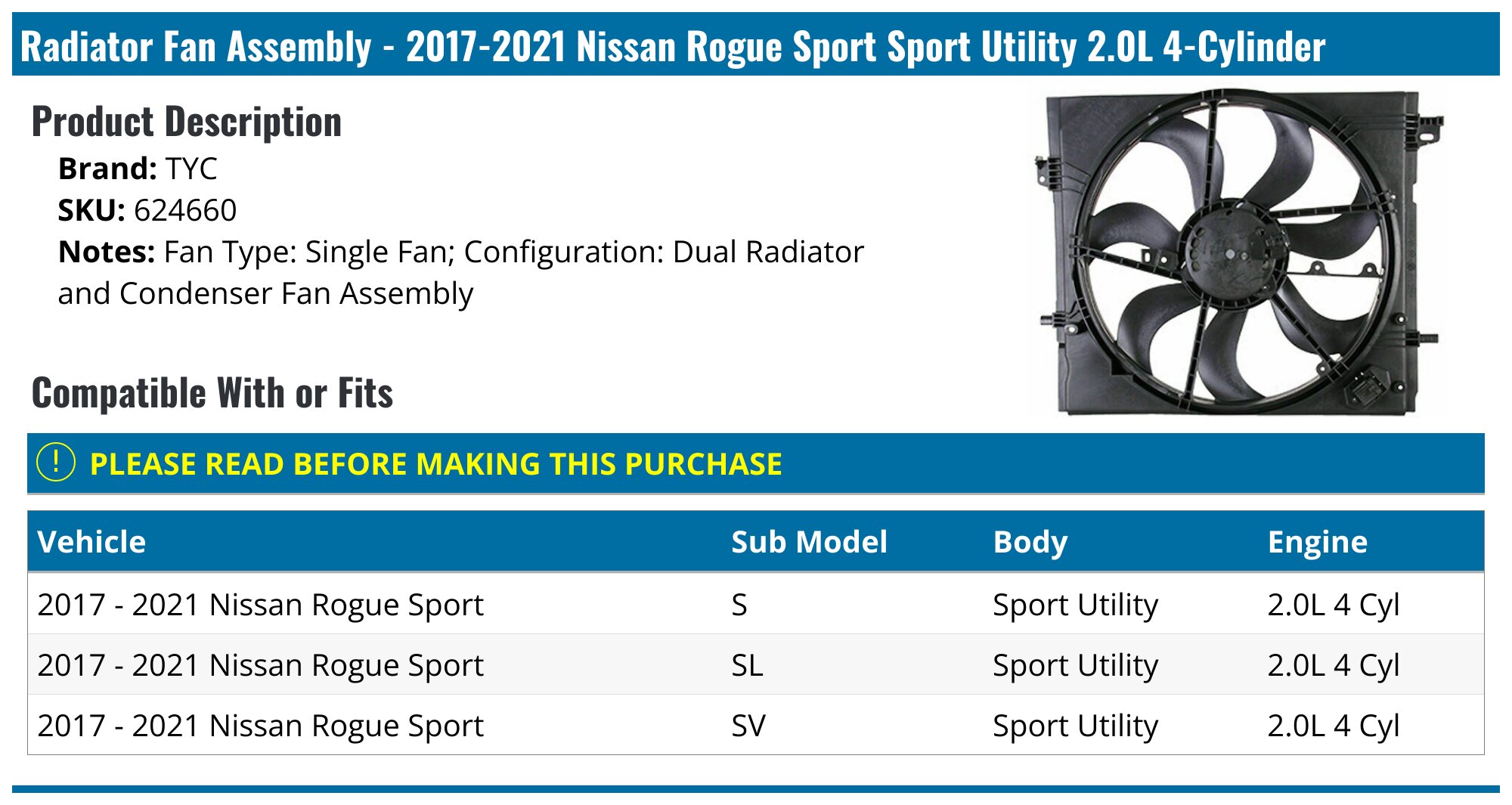 2017-2022 Nissan Rogue Sport Radiator Fan Assembly - TYC 624660 ...
