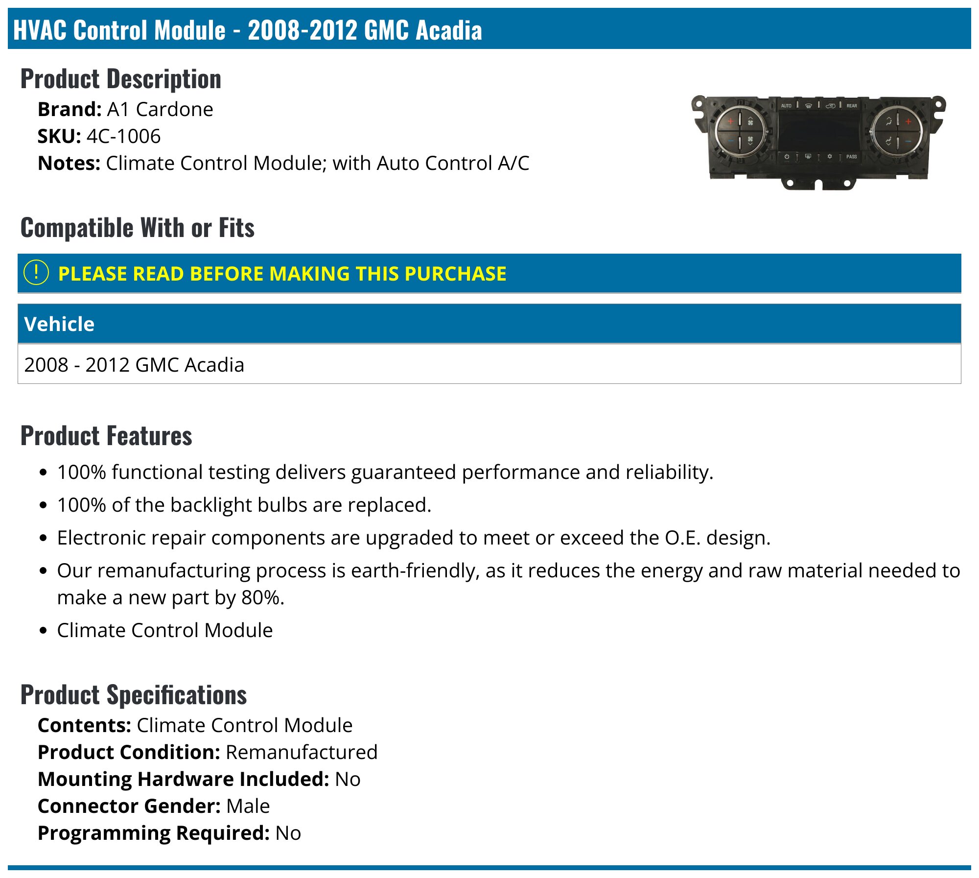 2008-2012 GMC Acadia HVAC Temperature Control Panel - A1 Cardone 4C ...