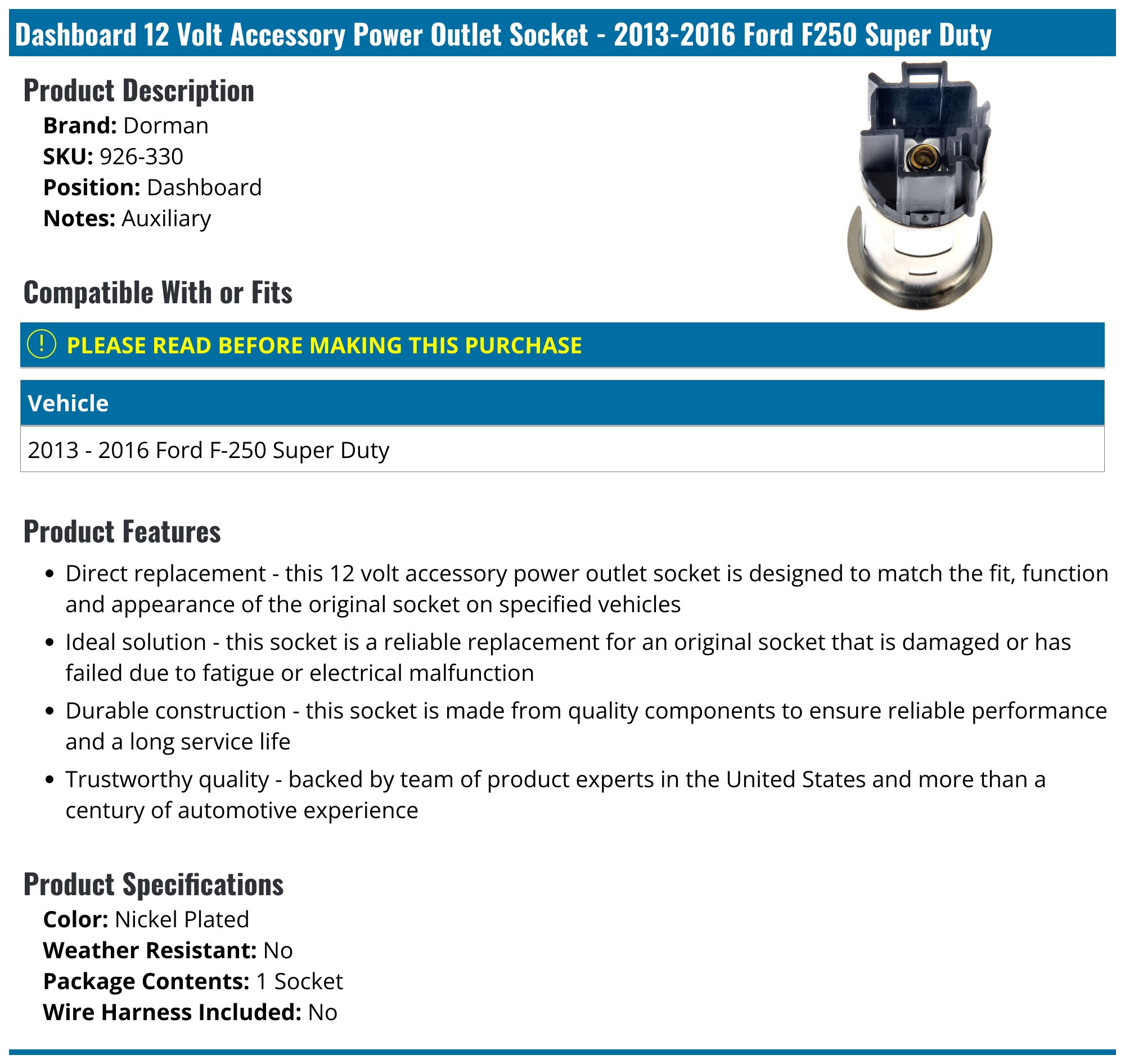 2013-2016 Ford F250 Super Duty 12 Volt Accessory Power Outlet Socket ...