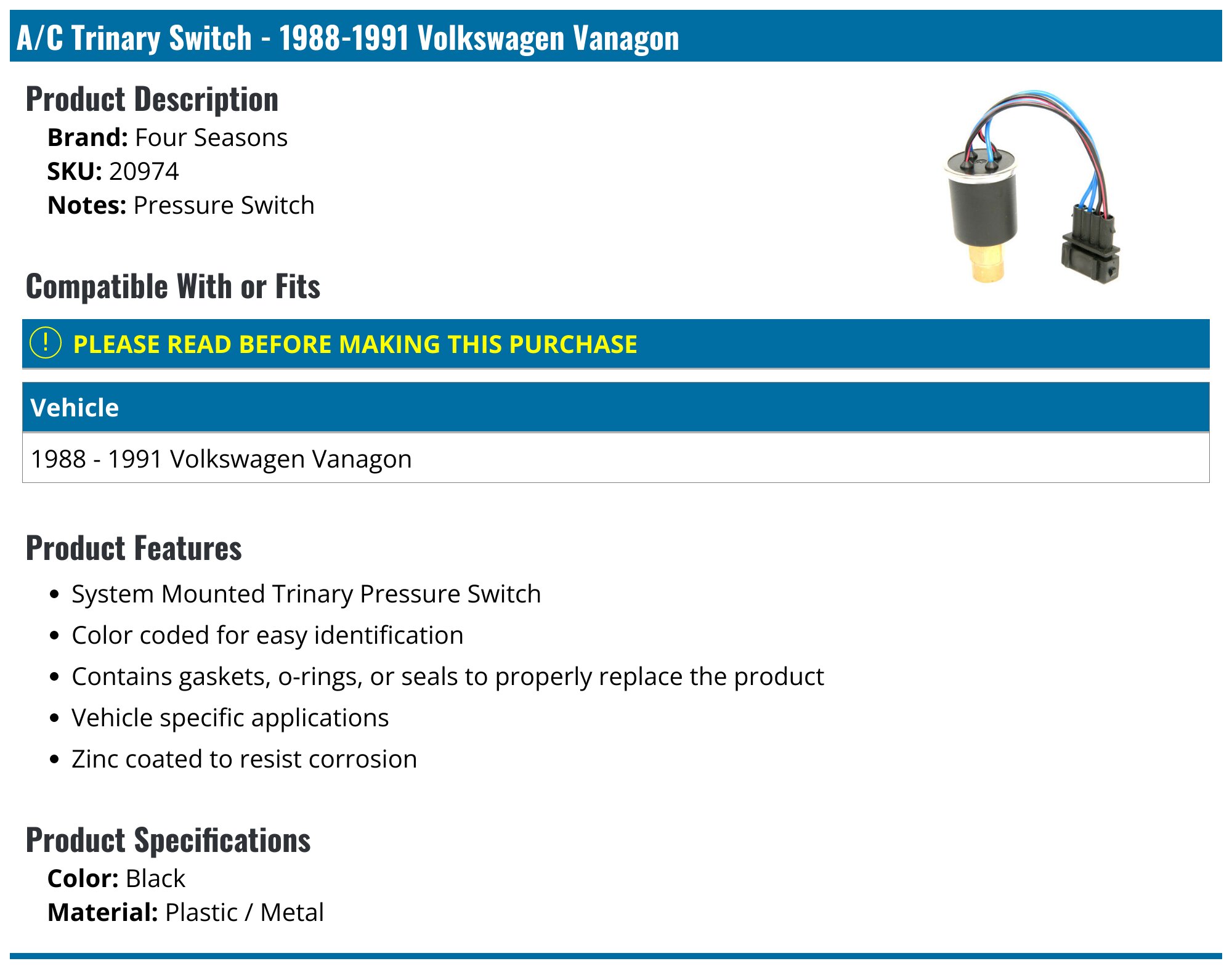 1988-1991 Volkswagen Vanagon A/C Trinary Switch - Four Seasons 20974 - PartsGeek.com