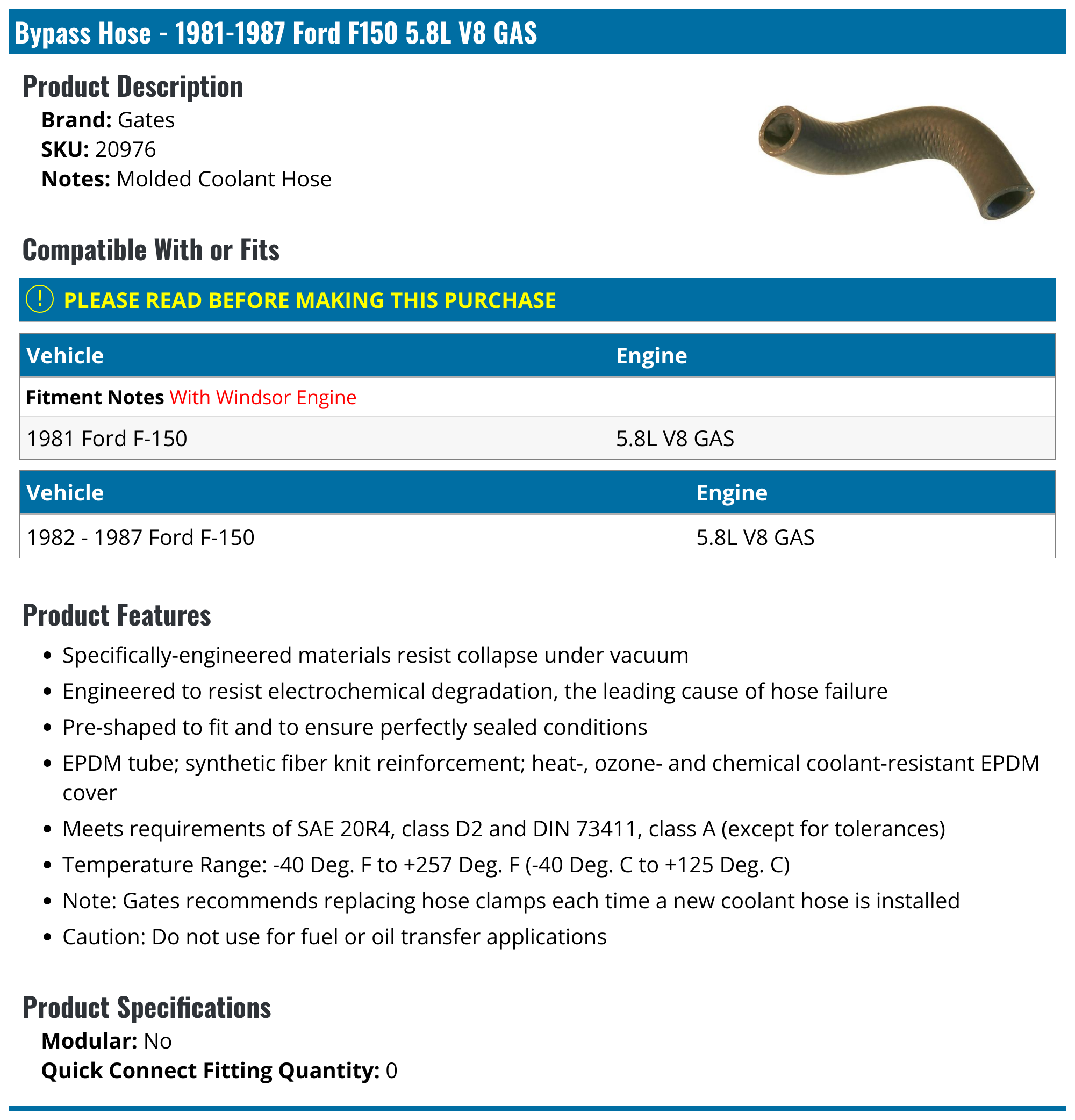 1981-1987 Ford F150 Bypass Hose - Gates 20976 - PartsGeek.com