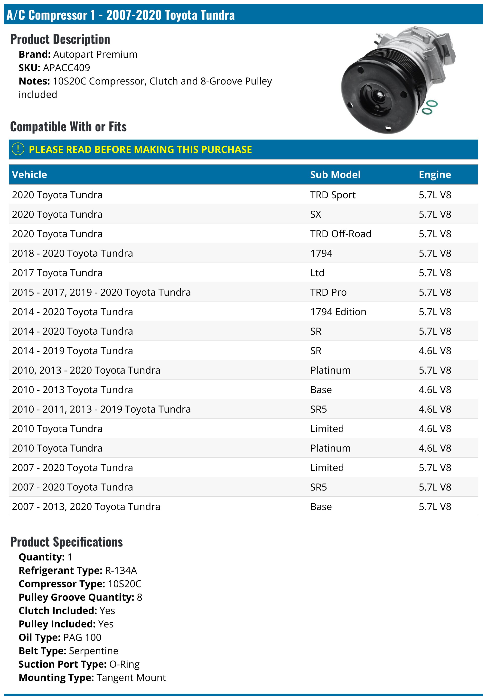 2007-2020 Toyota Tundra A/C Compressor - Autopart Premium APACC409 ...