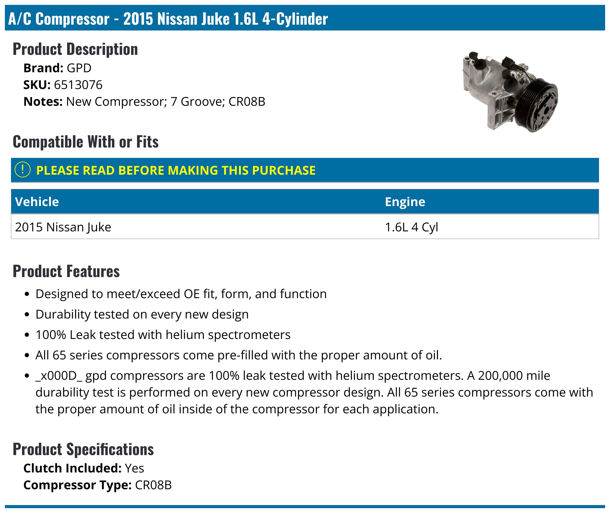 2012-2015 Nissan Juke A/C Compressor - GPD 6513076 - PartsGeek.com