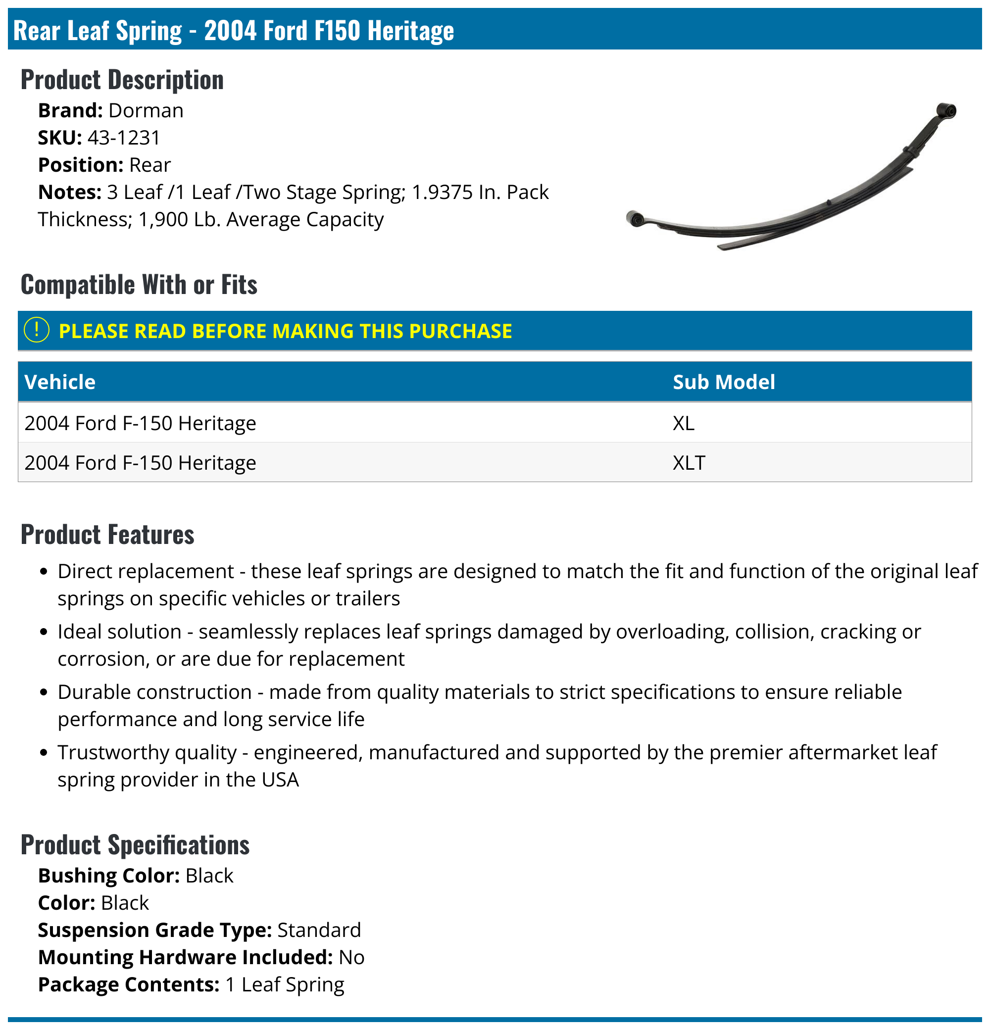 2004 Ford F150 Heritage Leaf Spring - Dorman 43-1231 - Rear - PartsGeek.com