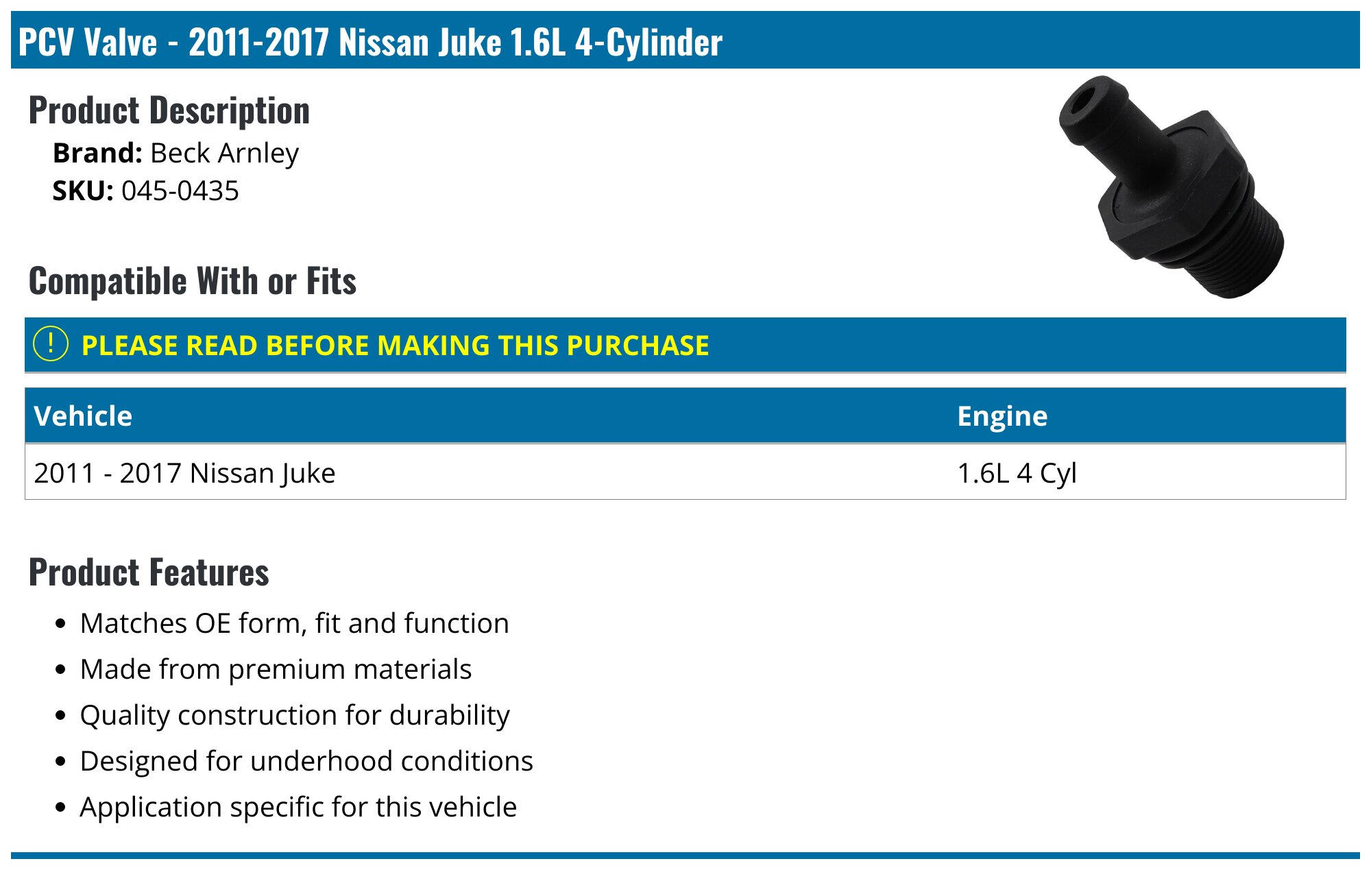 2011-2017 Nissan Juke PCV Valve - Beck Arnley 045-0435 - PartsGeek.com