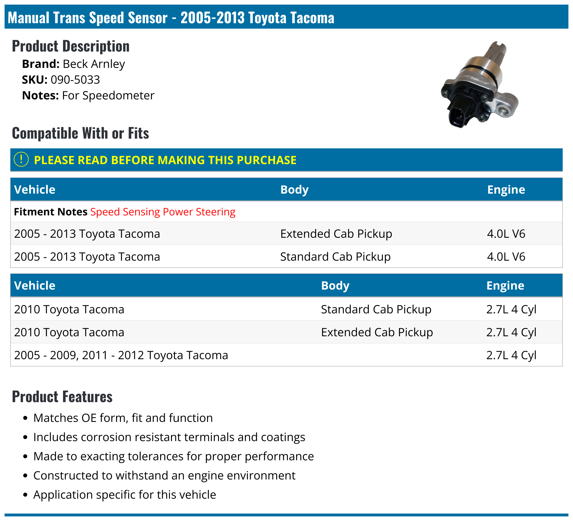 2005-2013 Toyota Tacoma Manual Trans Speed Sensor - Beck Arnley 090 ...
