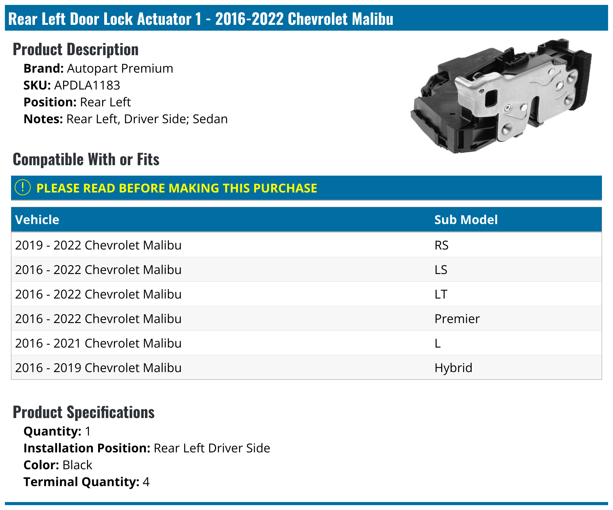 2016-2022 Chevrolet Malibu Door Lock Actuator - Autopart Premium ...