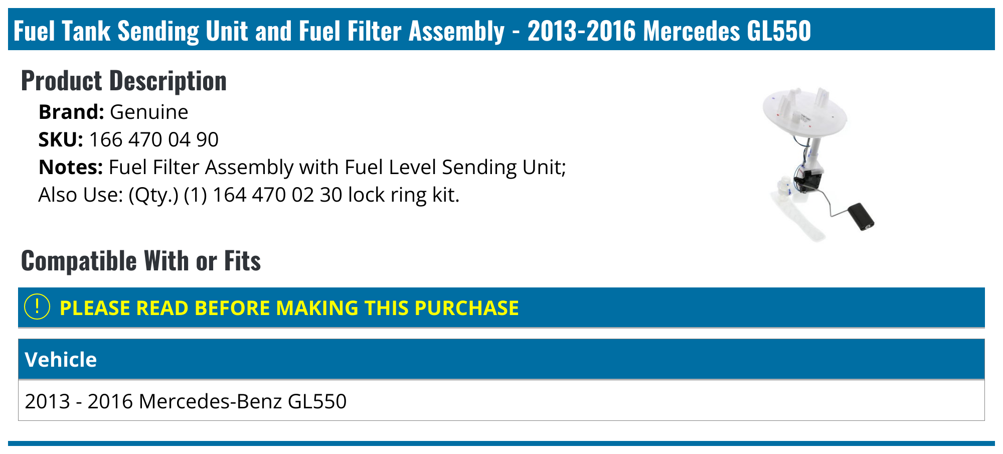 2013-2016 Mercedes GL550 Fuel Tank Sending Unit - Genuine 166 470 04 90 ...