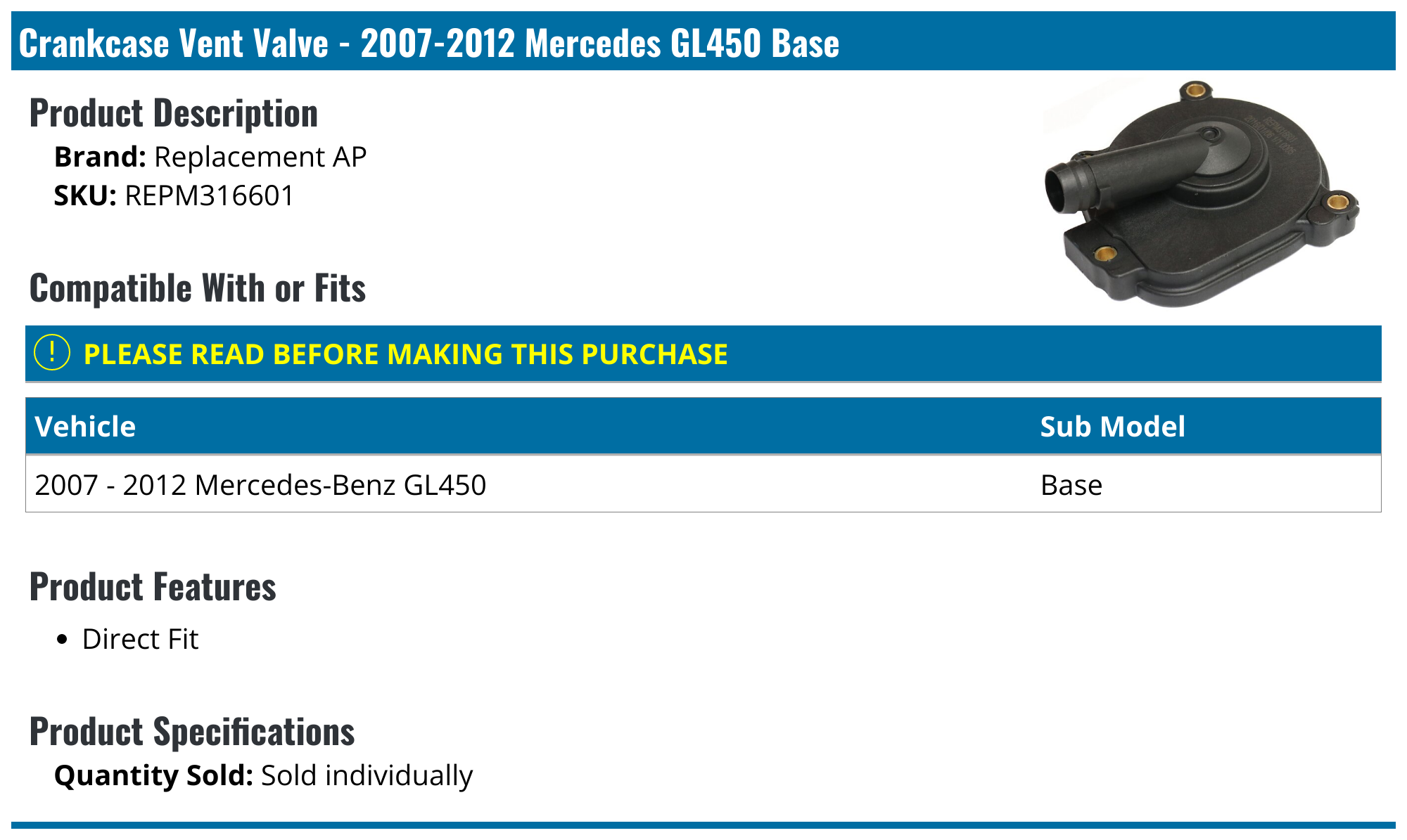 2007-2012 Mercedes GL450 Crankcase Vent Valve - Replacement AP ...